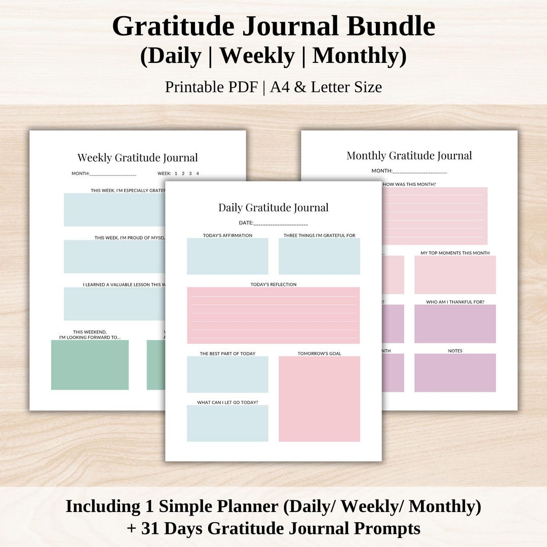 Printable Gratitude Journal Bundle for Mindfulness, Self Care Worksheet ...