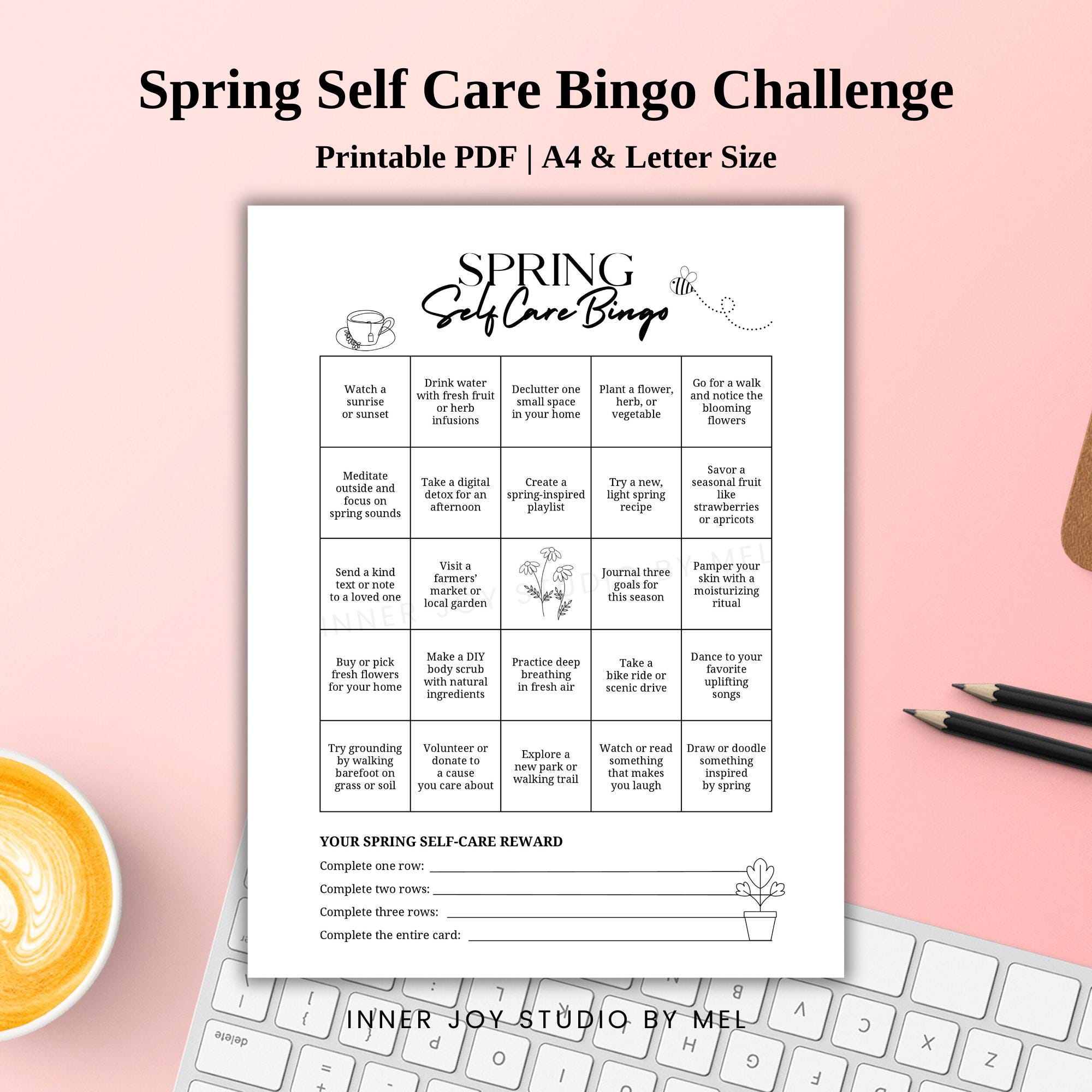 Printable Spring Self Care Bingo Challenge, Mental Health Game ...
