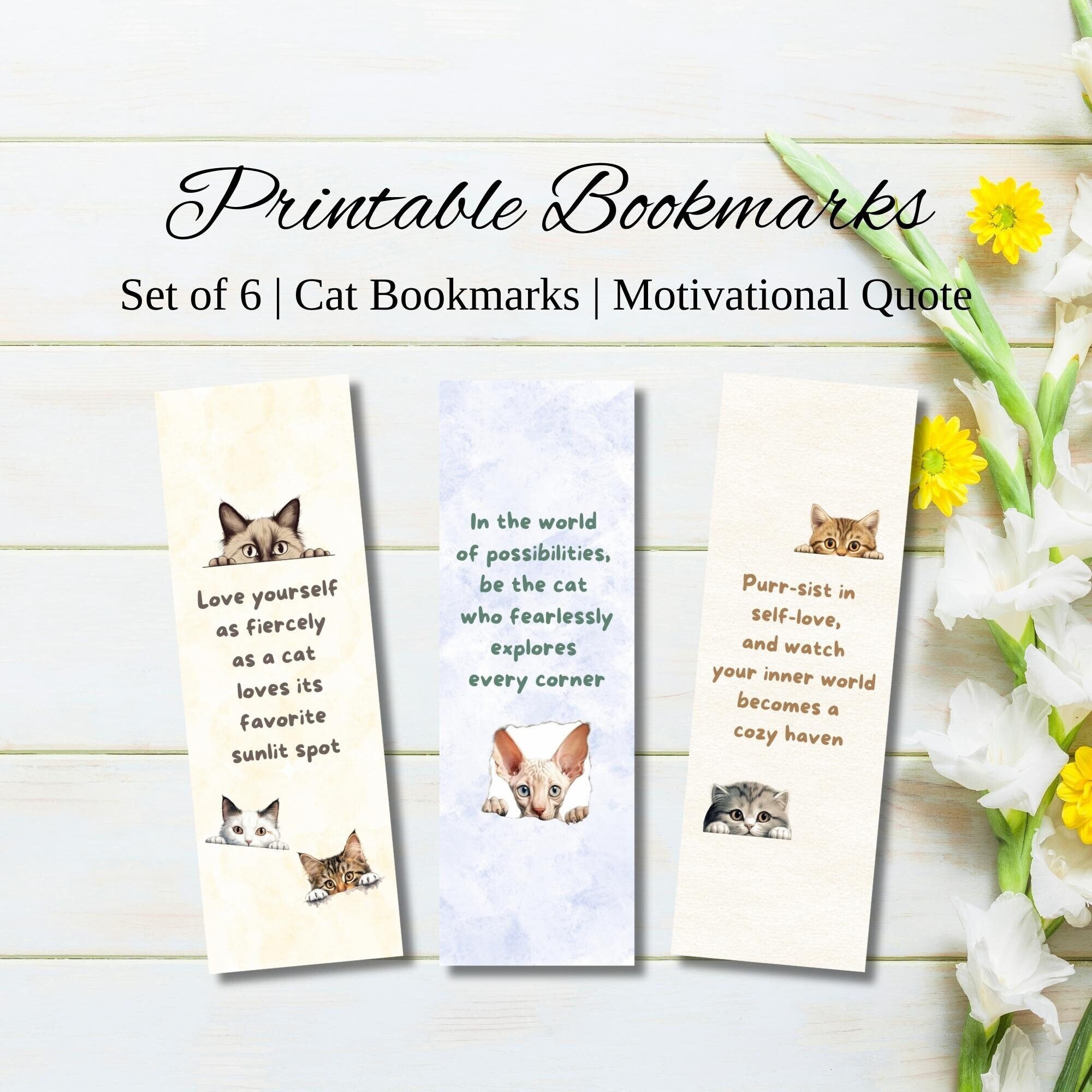 Printable Cat Peeking Bookmarks, Set of 6, Motivational Quote Bookmarks ...