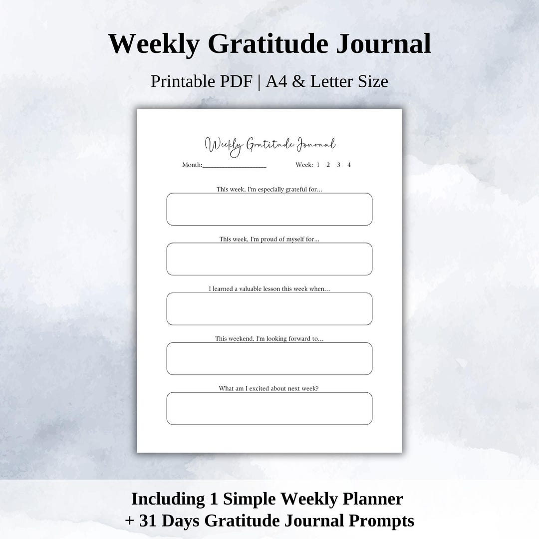 Printable Weekly Gratitude Journal for Mindfulness, Self Care Planner ...