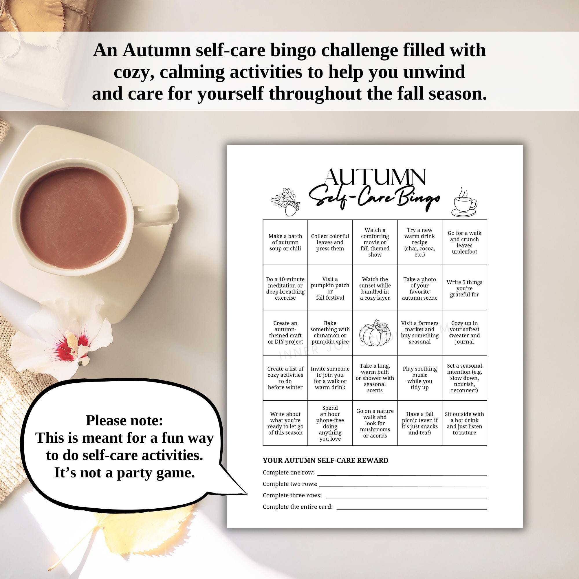 Printable Autumn Self Care Bingo Challenge, Mental Health Game ...