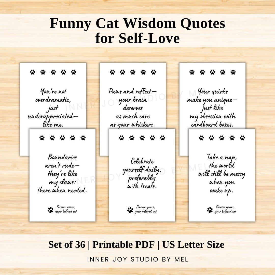 Printable Funny Cat Wisdom Cards for Self Love, Inspirational Quote for ...