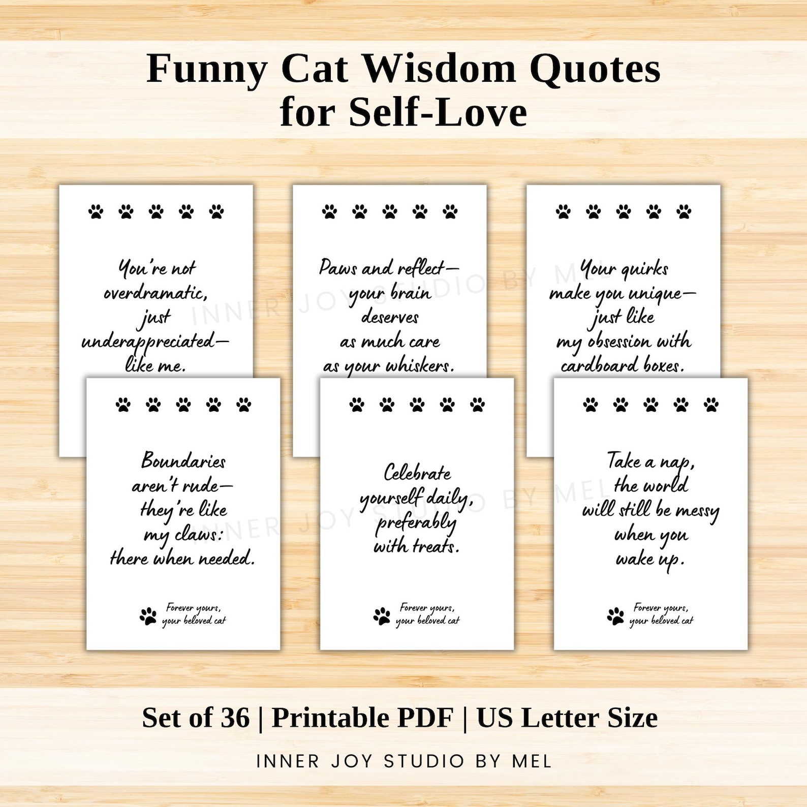 Printable Funny Cat Wisdom Cards for Self Love, Inspirational Quote for ...