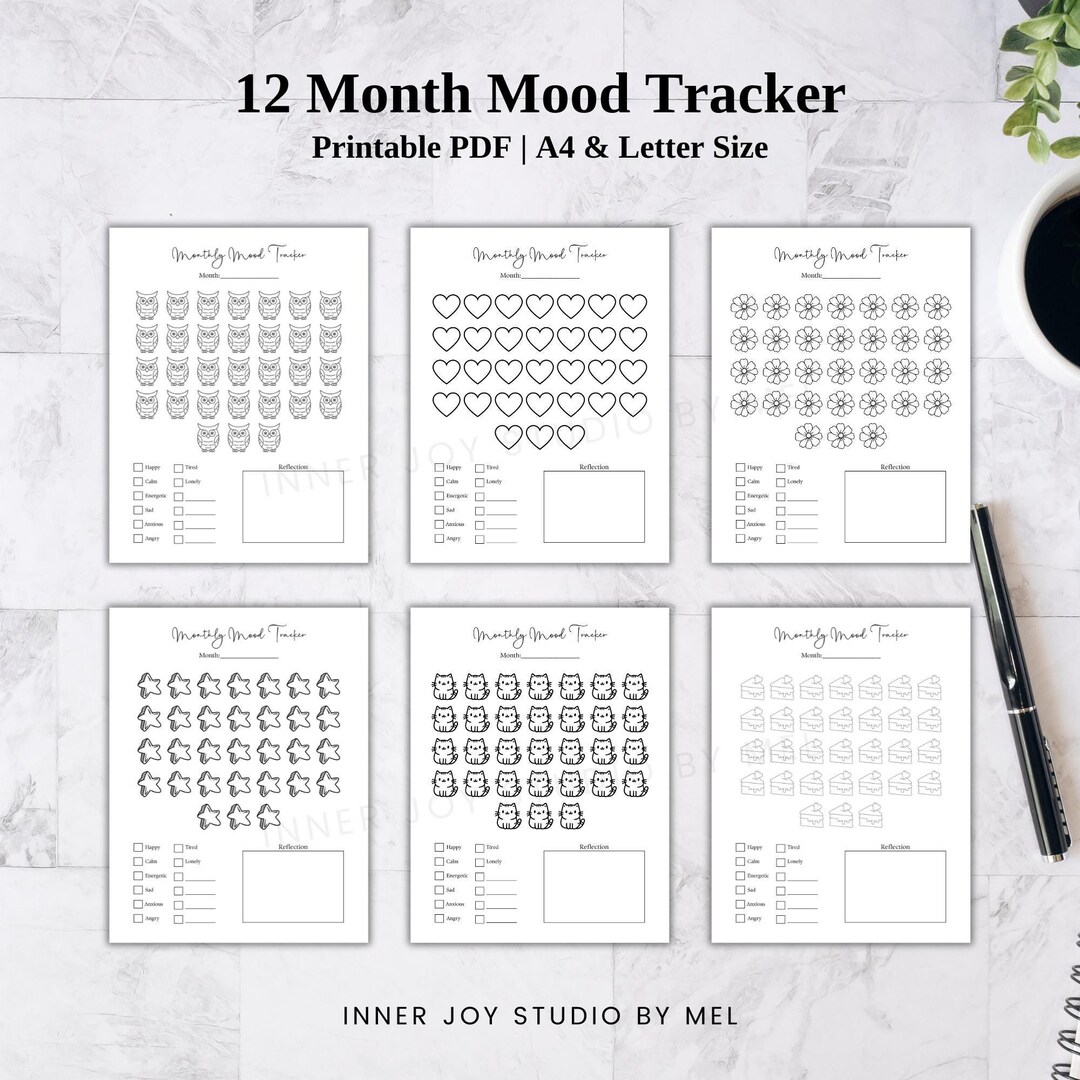 Printable Monthly Mood Tracker, Yearly Habit Tracker, Mental Health ...