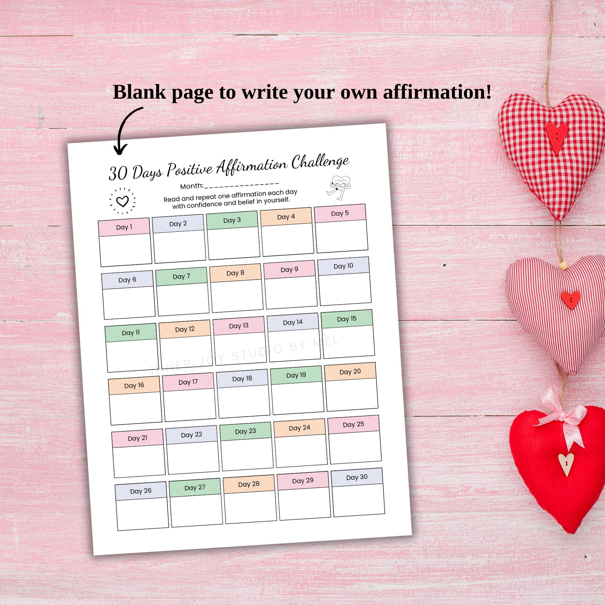 Printable 30 Day Positive Affirmation Challenge, Self Love Habit ...