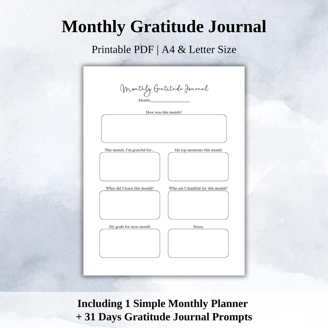 Printable Monthly Gratitude Journal for Mindfulness, Self Care Planner ...