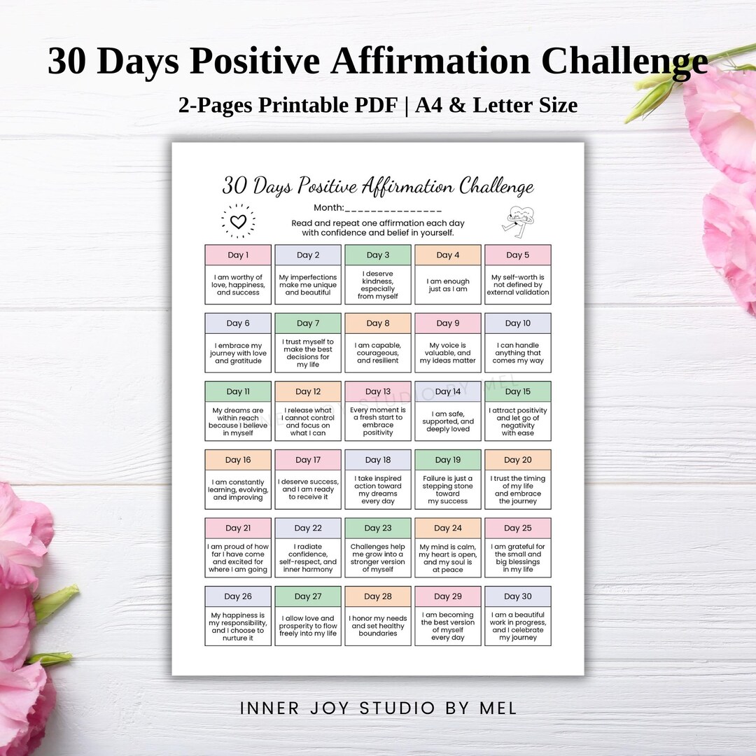 Printable 30 Day Positive Affirmation Challenge, Self Love Habit ...