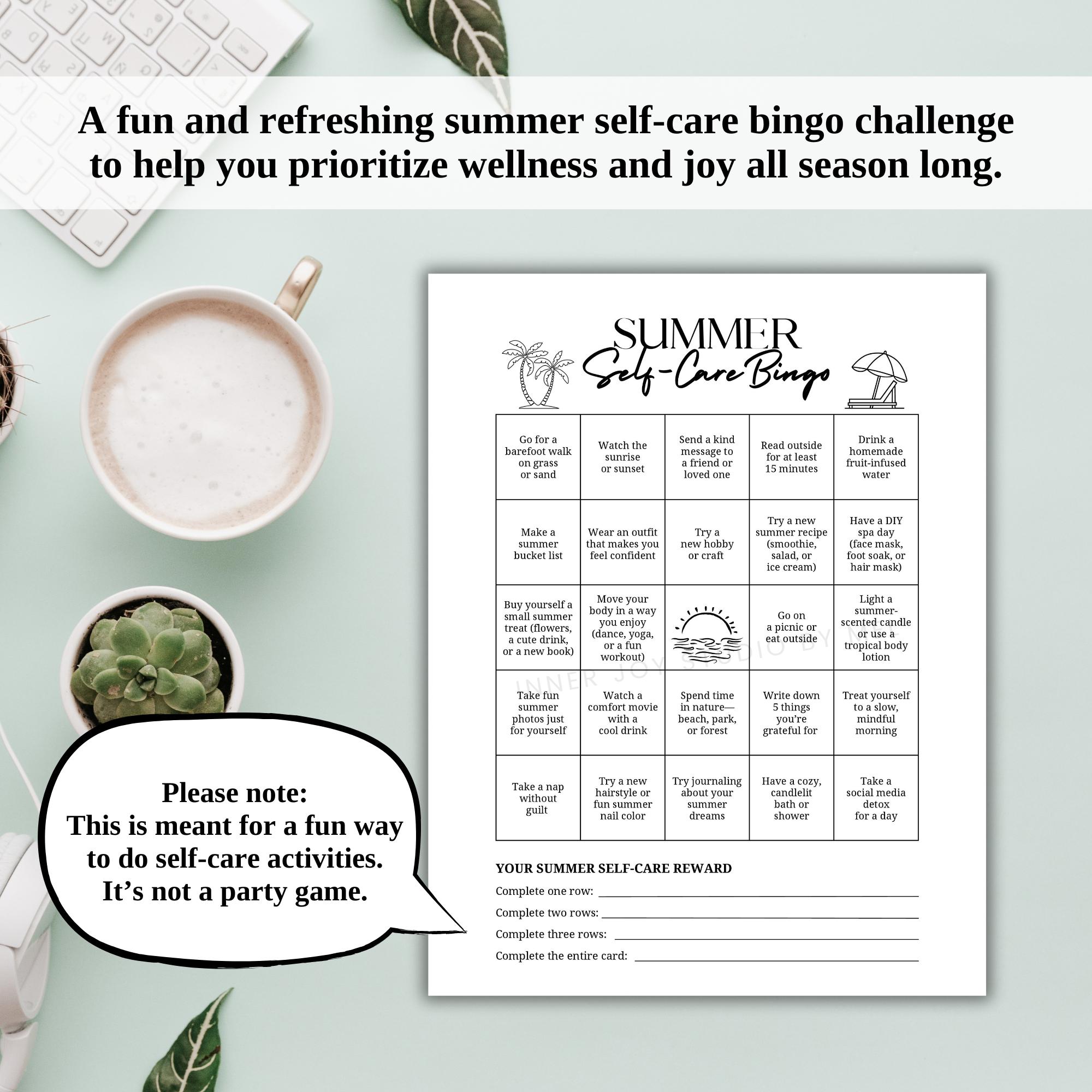 Printable Summer Self Care Bingo Challenge, Mental Health Game, Monthly ...