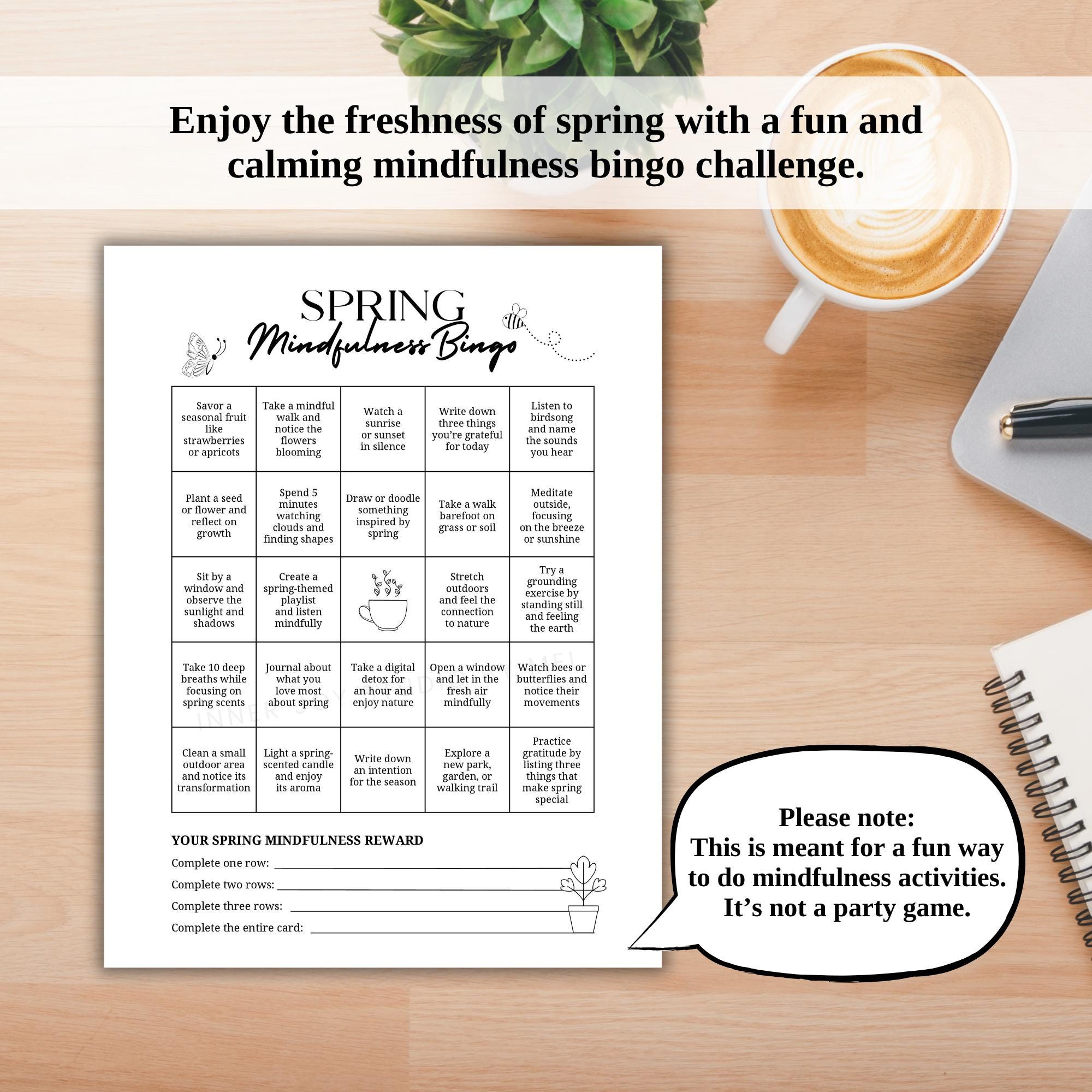 Printable Spring Mindfulness Bingo Challenge, Self Care Game, Mental ...