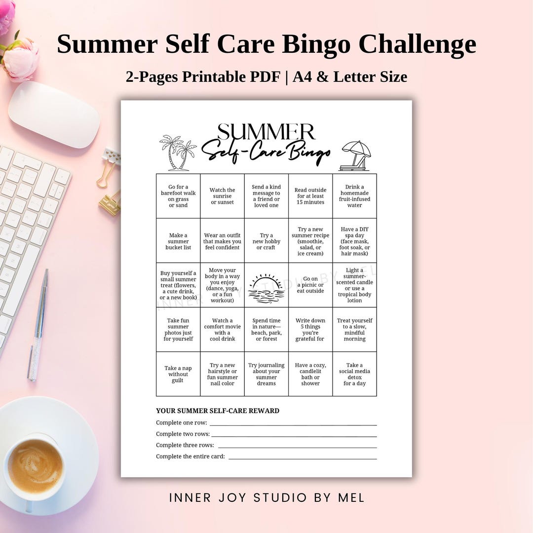 Printable Summer Self Care Bingo Challenge, Mental Health Game, Monthly ...