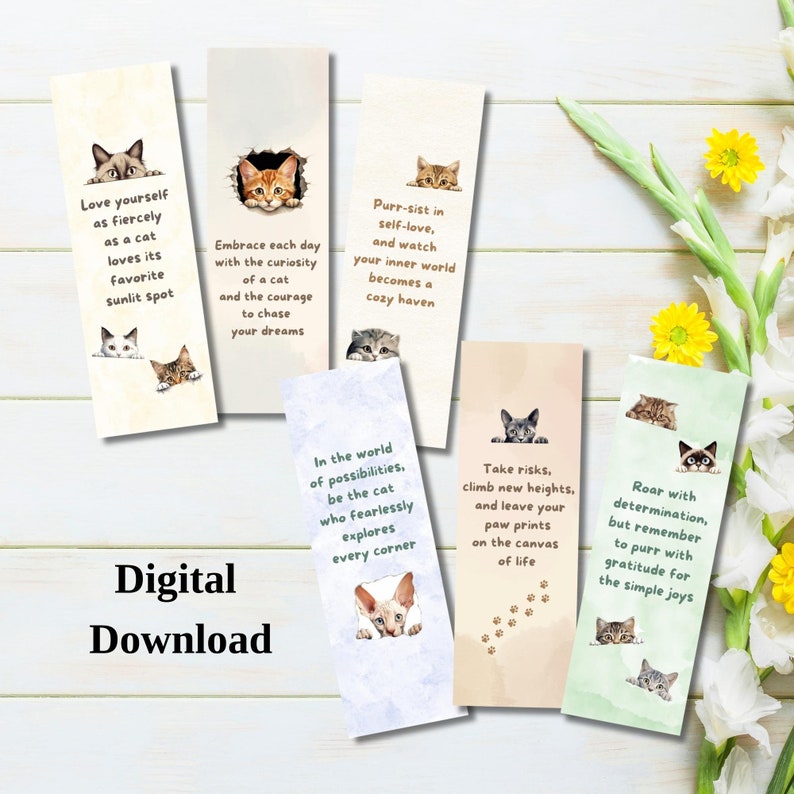Printable Cat Peeking Bookmarks, Set of 6, Motivational Quote Bookmarks ...