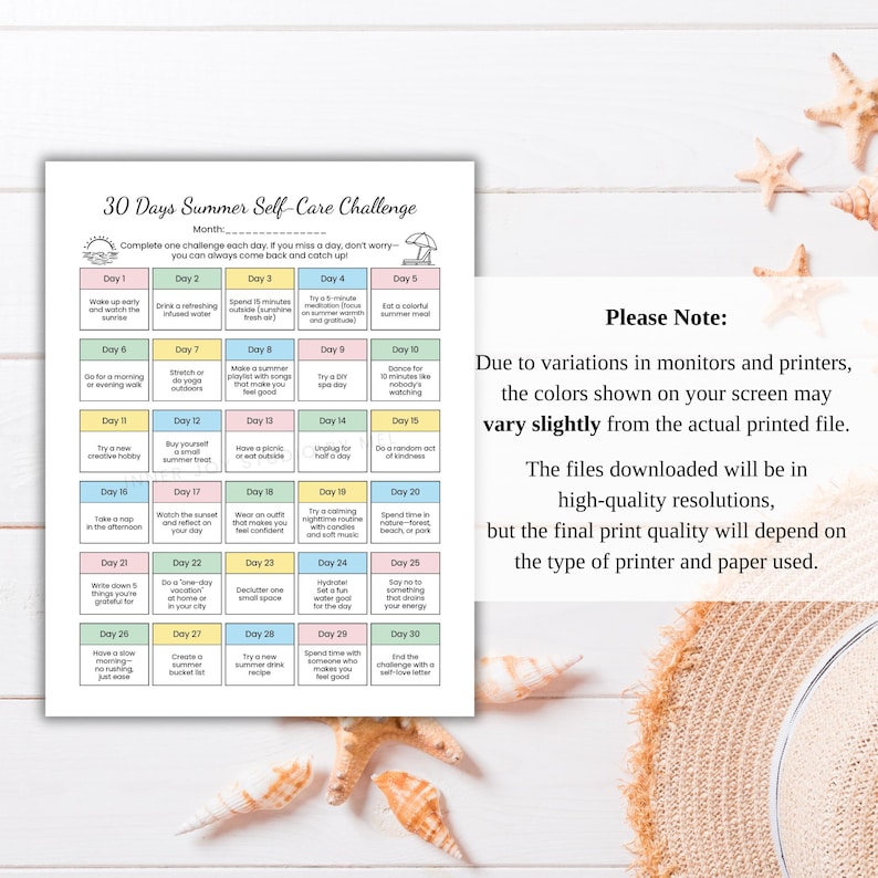 Printable 30 Day Summer Self Care Challenge, Mental Health Worksheet ...