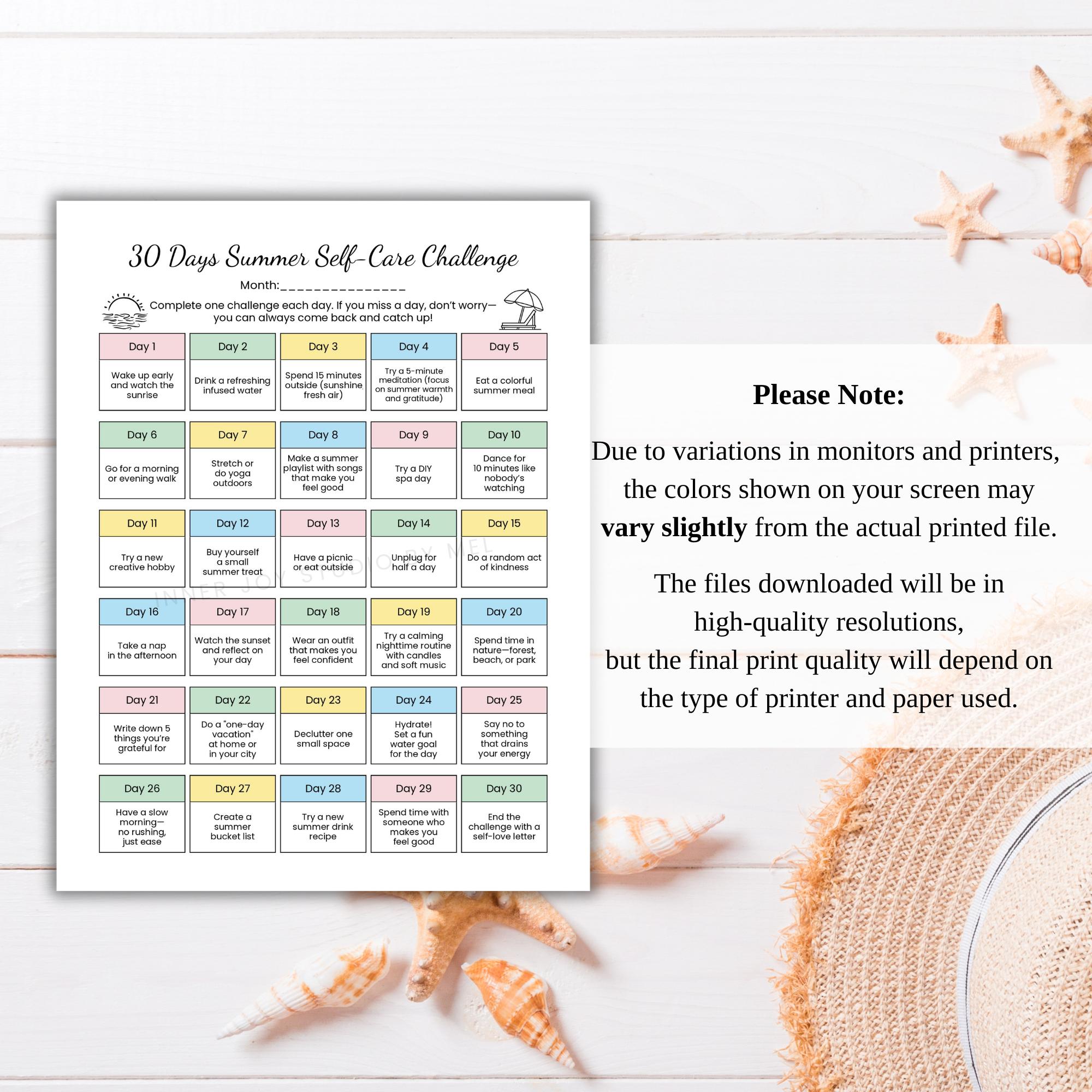 Printable 30 Day Summer Self Care Challenge, Mental Health Worksheet ...