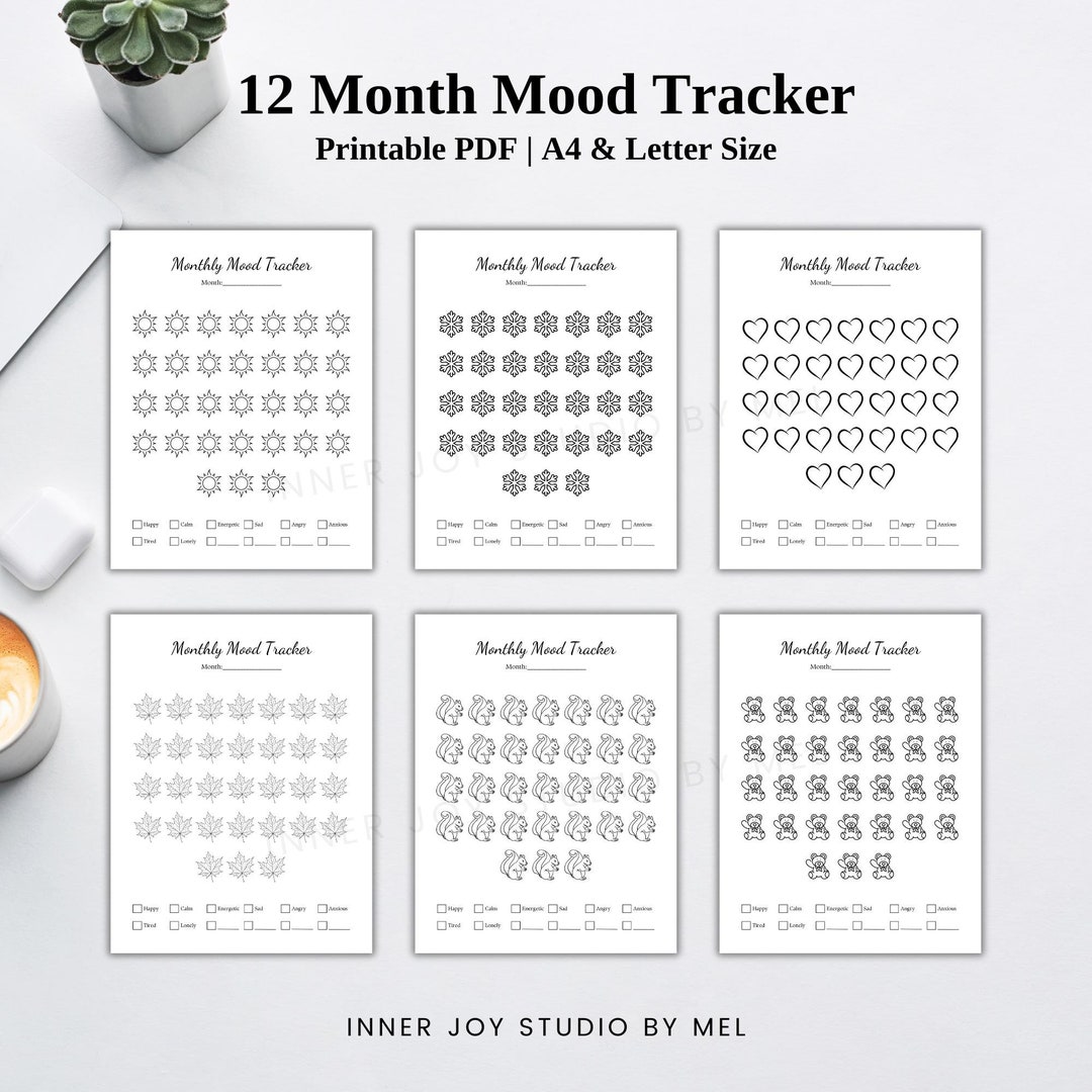 Printable Coloring Mood Tracker, Monthly Self Care Mood Log, Yearly ...