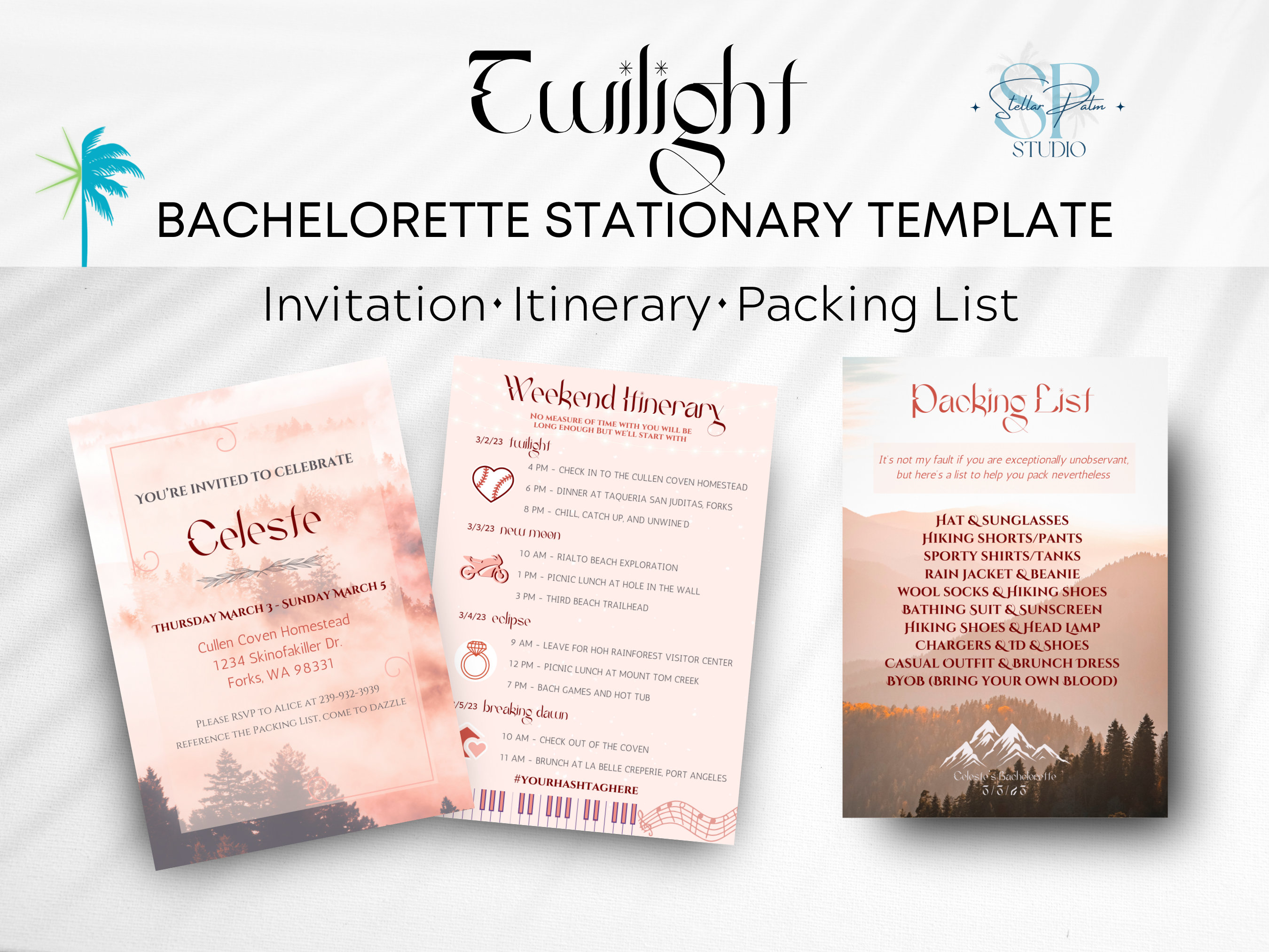 Twilight Forks Bachelorette Invitation, Olympic Hiking Editable Bach ...