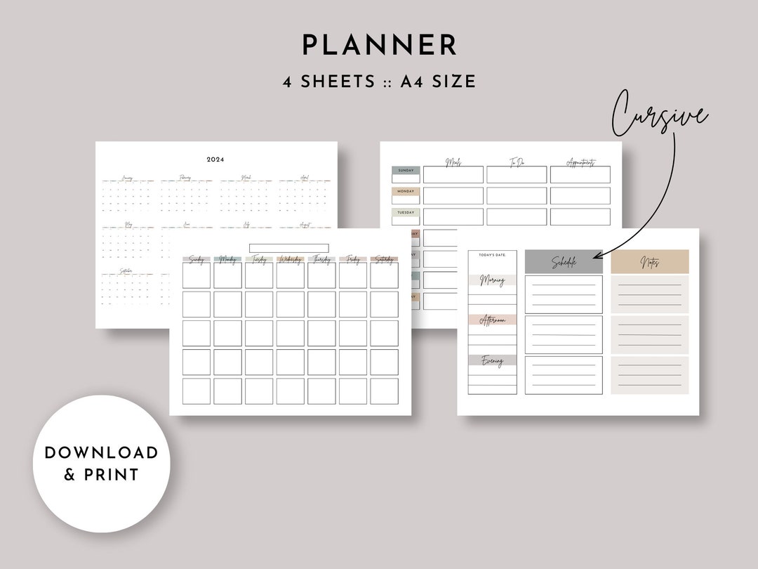 2024 Overall Planner cursive, 2024 Yearly Calendar, Monthly Calendar ...