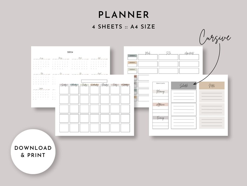 2024 Overall Planner cursive, 2024 Yearly Calendar, Monthly Calendar ...