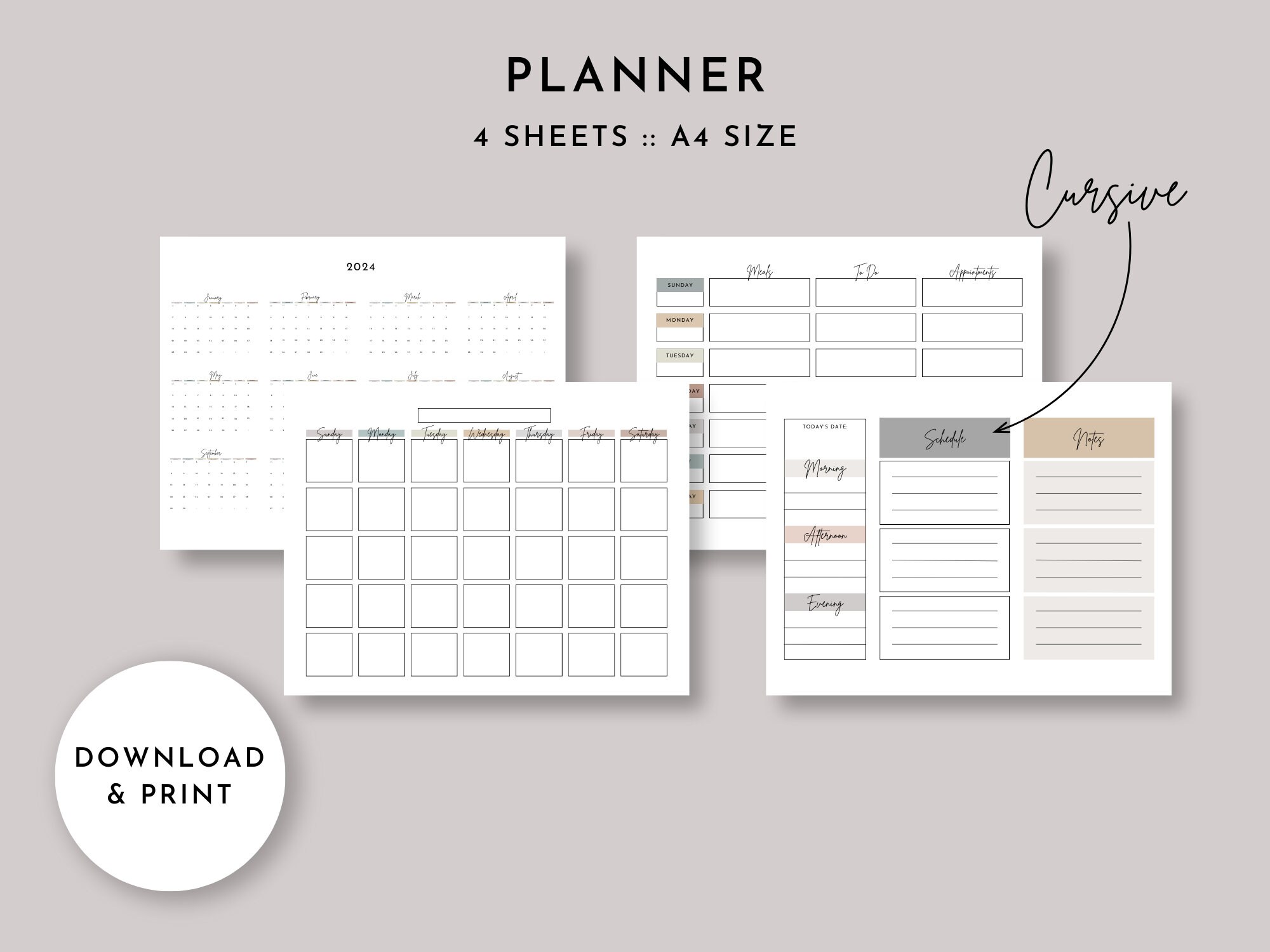 2024 Overall Planner cursive, 2024 Yearly Calendar, Monthly Calendar ...