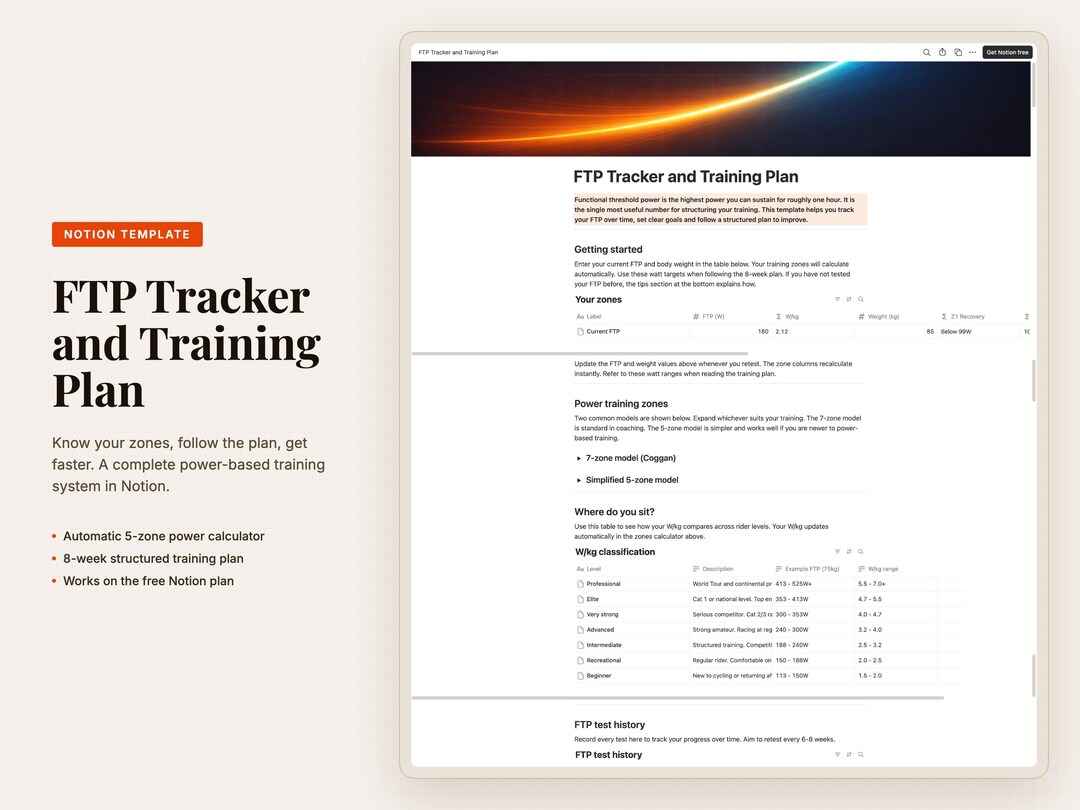 FTP Tracker Notion Template | 8-week Cycling Training Plan, Power Zones ...