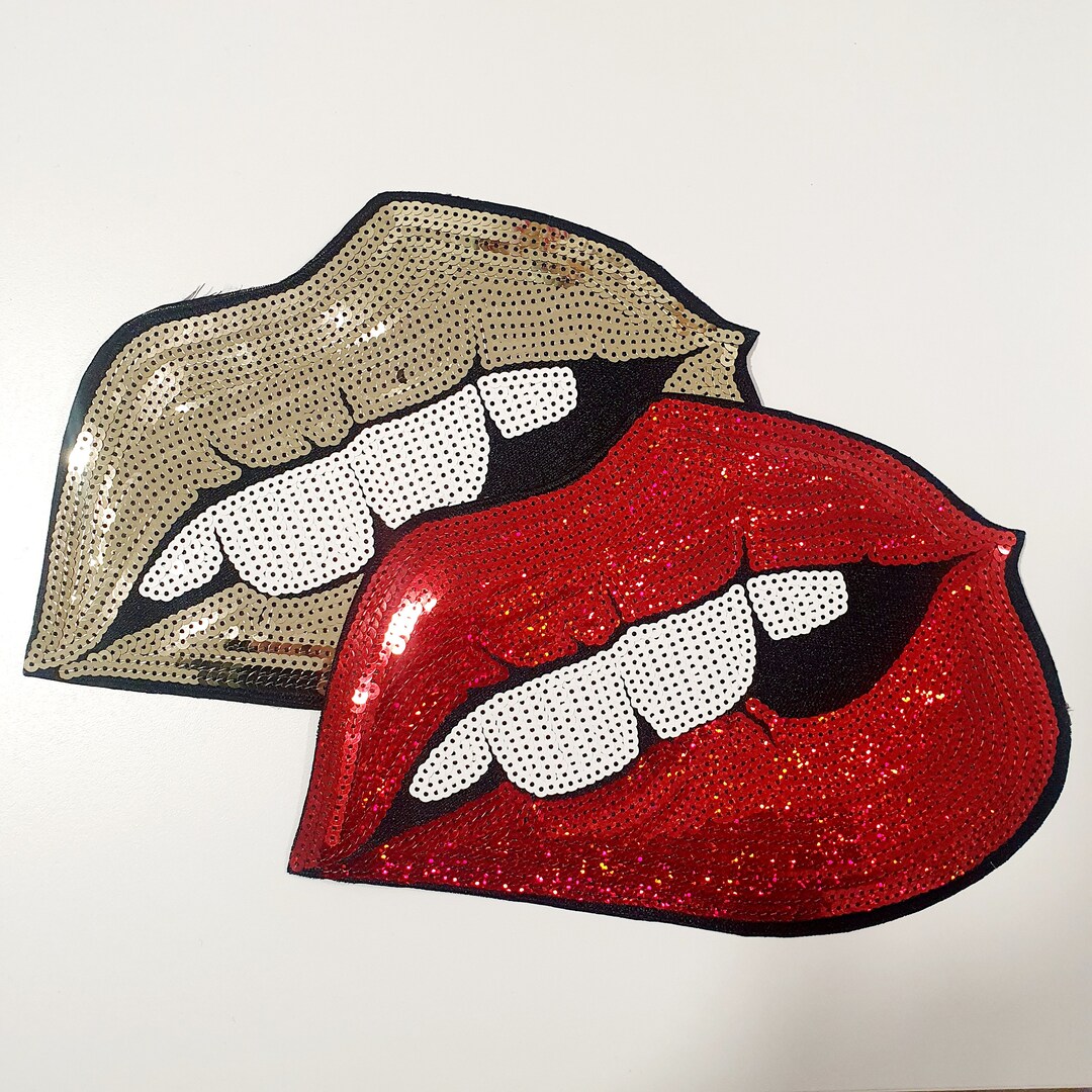 Lips Biting Mouth Sequin Sparkle Iron/sew on Large Patch Badge Motif ...
