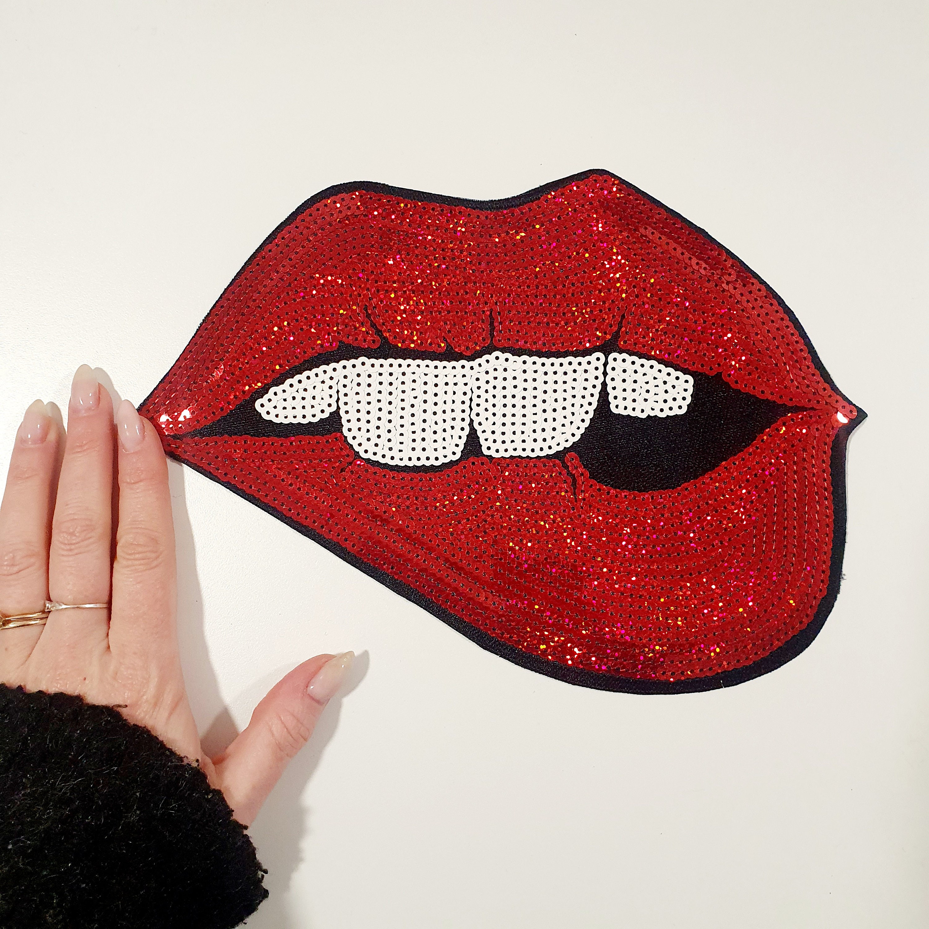 Lips Biting Mouth Sequin Sparkle Iron/sew on Large Patch Badge Motif ...