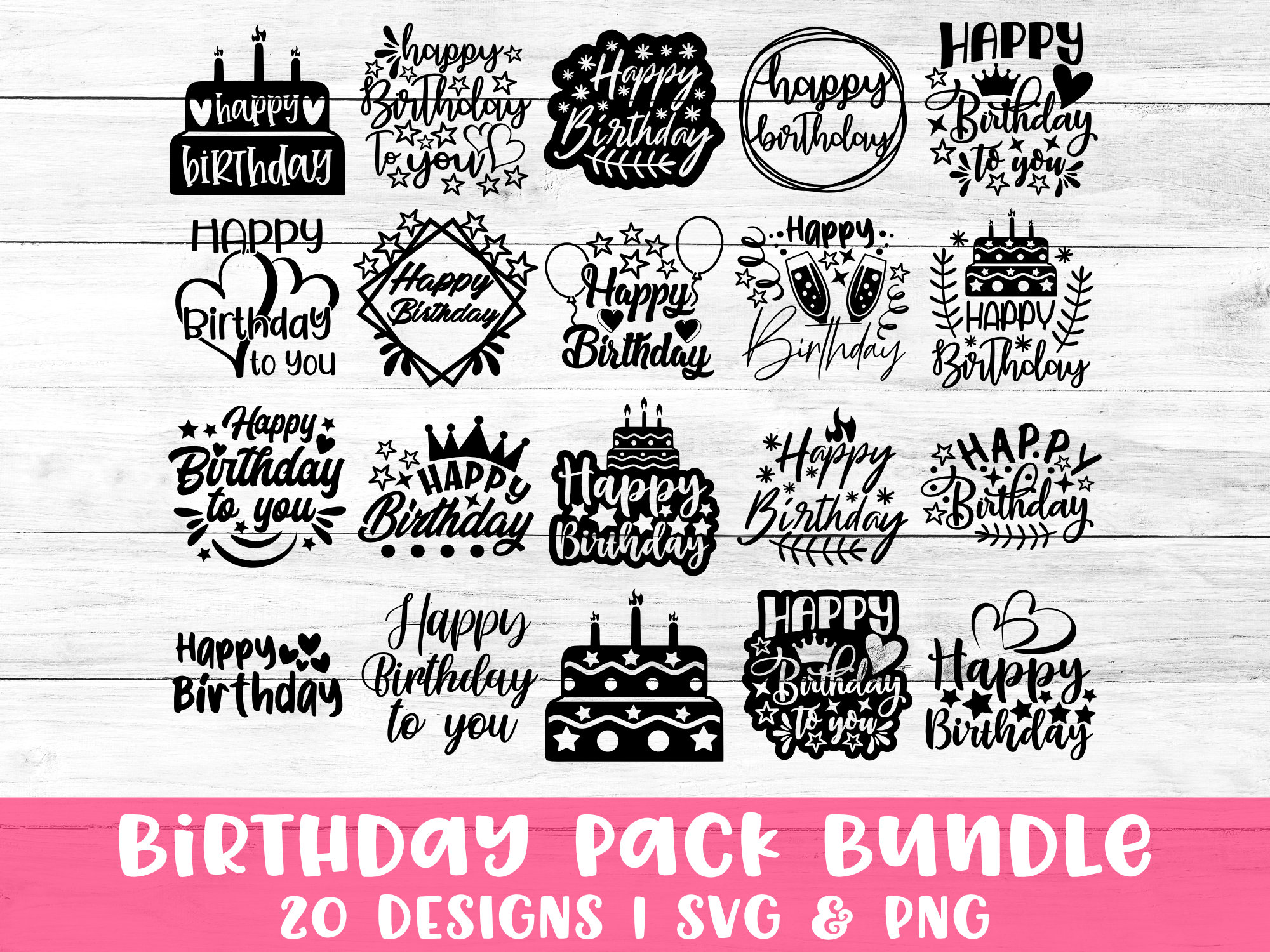 Happy Birthday Svg Bundle Birthday Svg Hand Lettered Birthday Party Svg Birthday Cake Svg ...