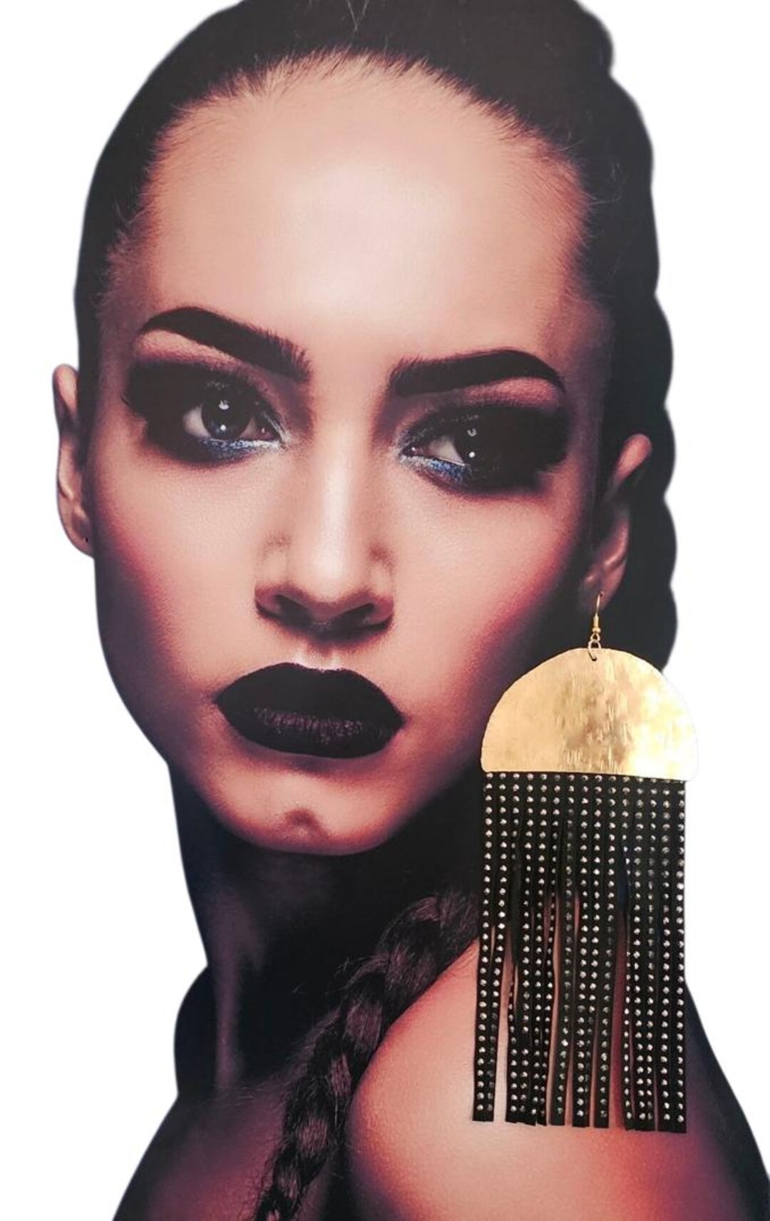 Gold Tone Vegan Suede Studded Fringe Earrings: 7-inch Dangle Statement ...