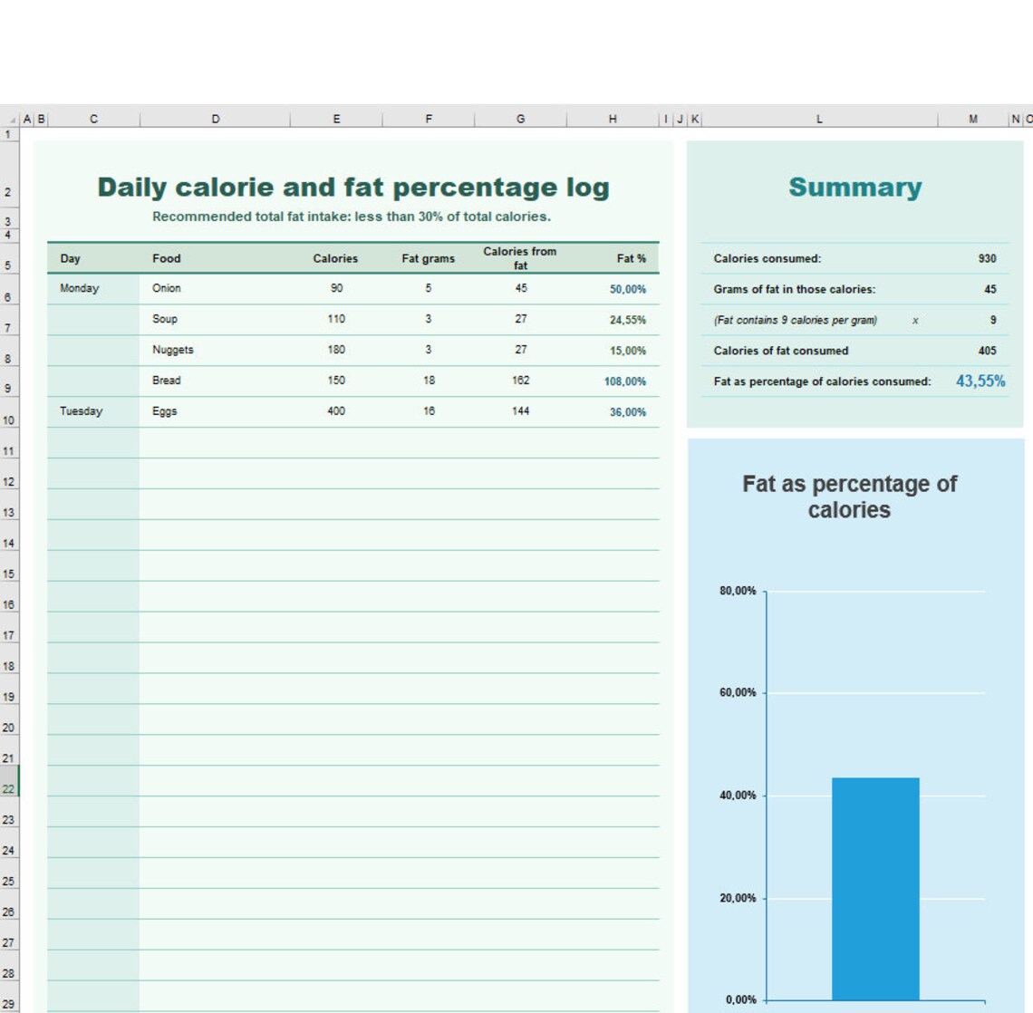 Daily Log of Calories and Fat Percentage - Etsy