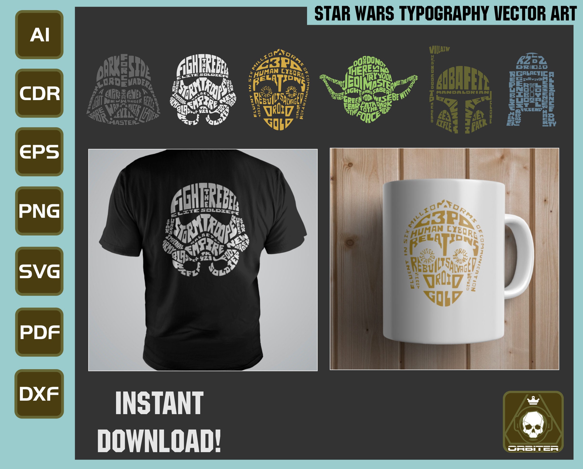 Minimalist Star Wars Characters for Print SVG Starwars Typography Art ...