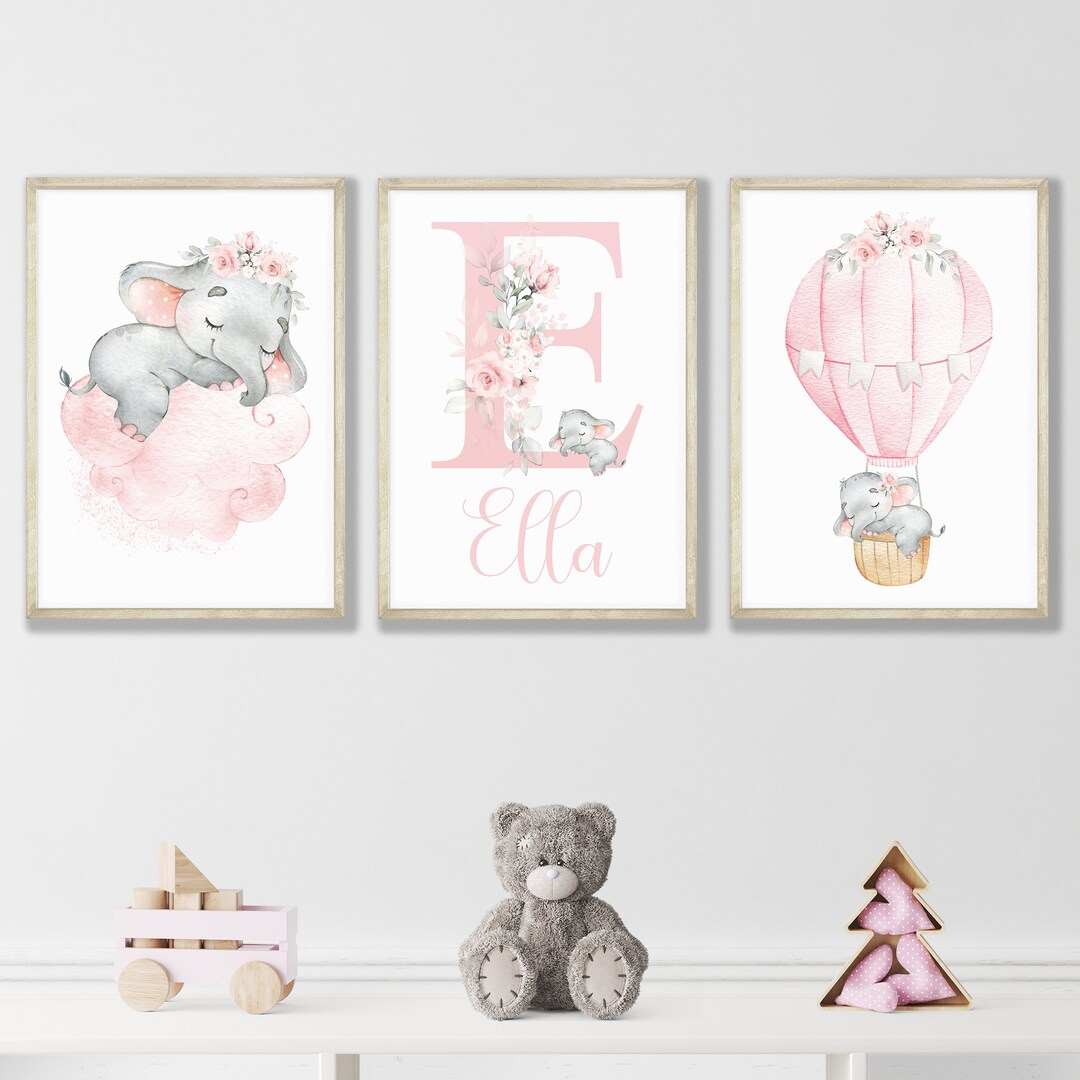 Personalised Pink Nursery Print Set of 3, Elephant Nursery Wall Art ...