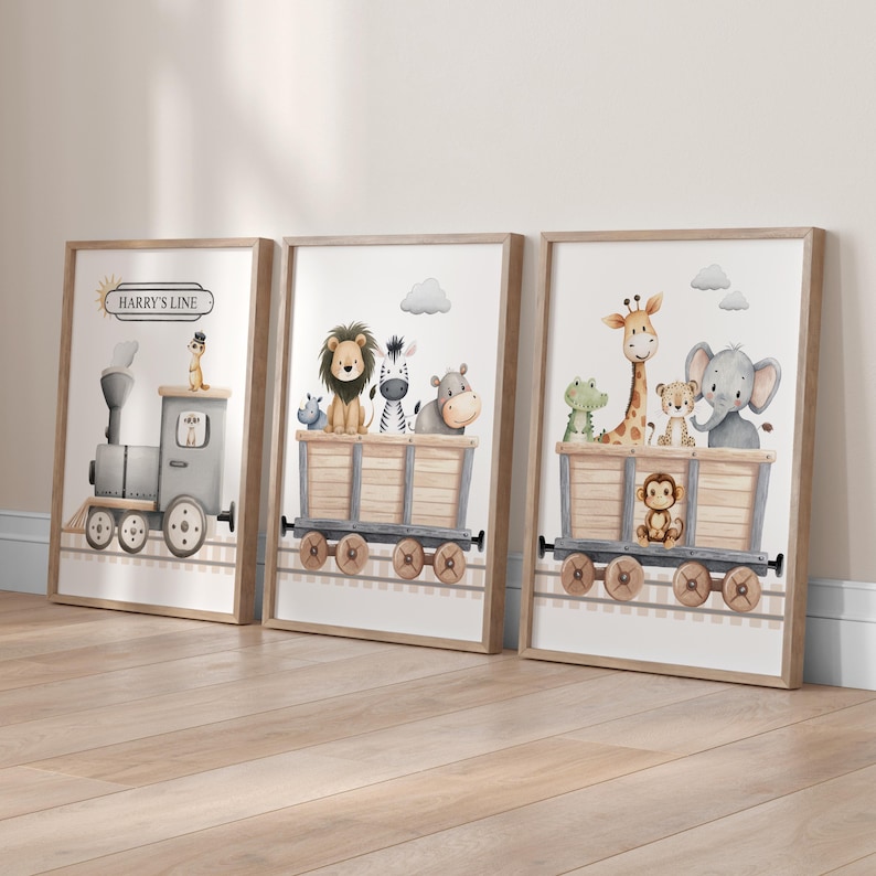 Safari Animal Train Personalised Nursery Wall Art Print Set of 3 - Etsy