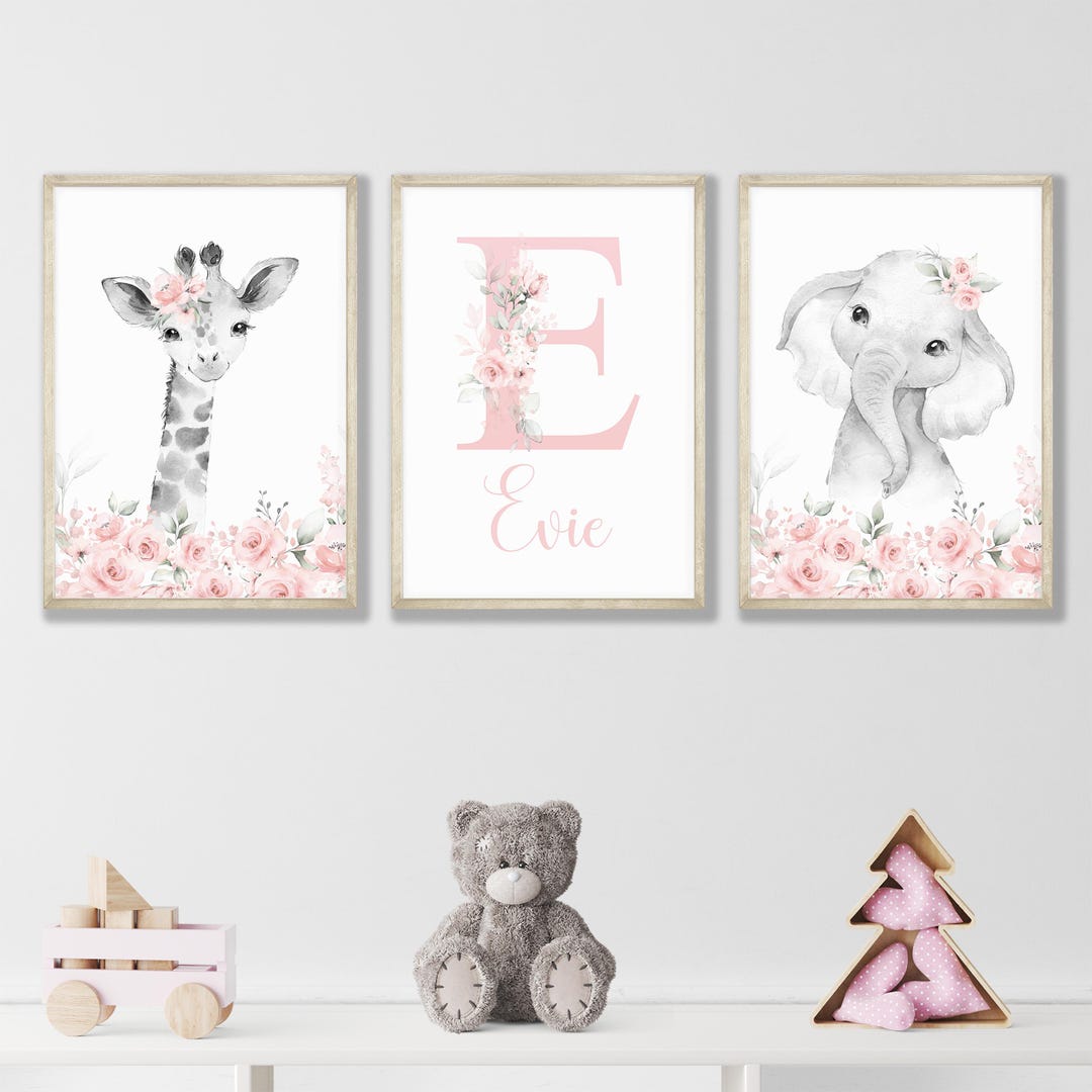 Safari Nursery Prints for Girls: Pink Floral Animals, Custom Name Art ...