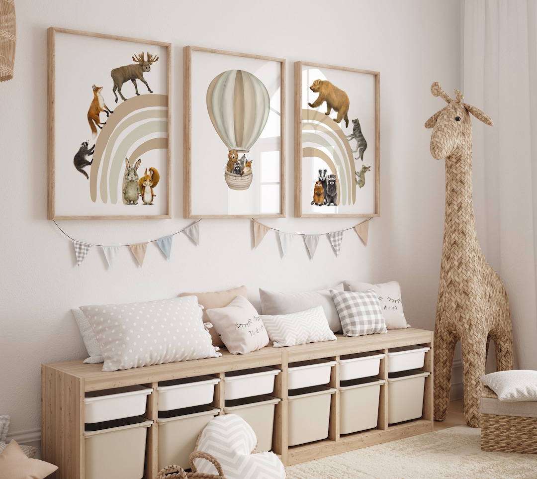 Woodland Animal Prints Set: Beige Rainbow Nursery Decor - Etsy