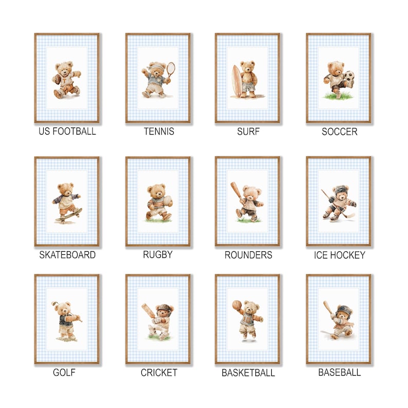 Vintage Teddy Bear Sports Print Set: Blue Gingham Nursery Art - Etsy