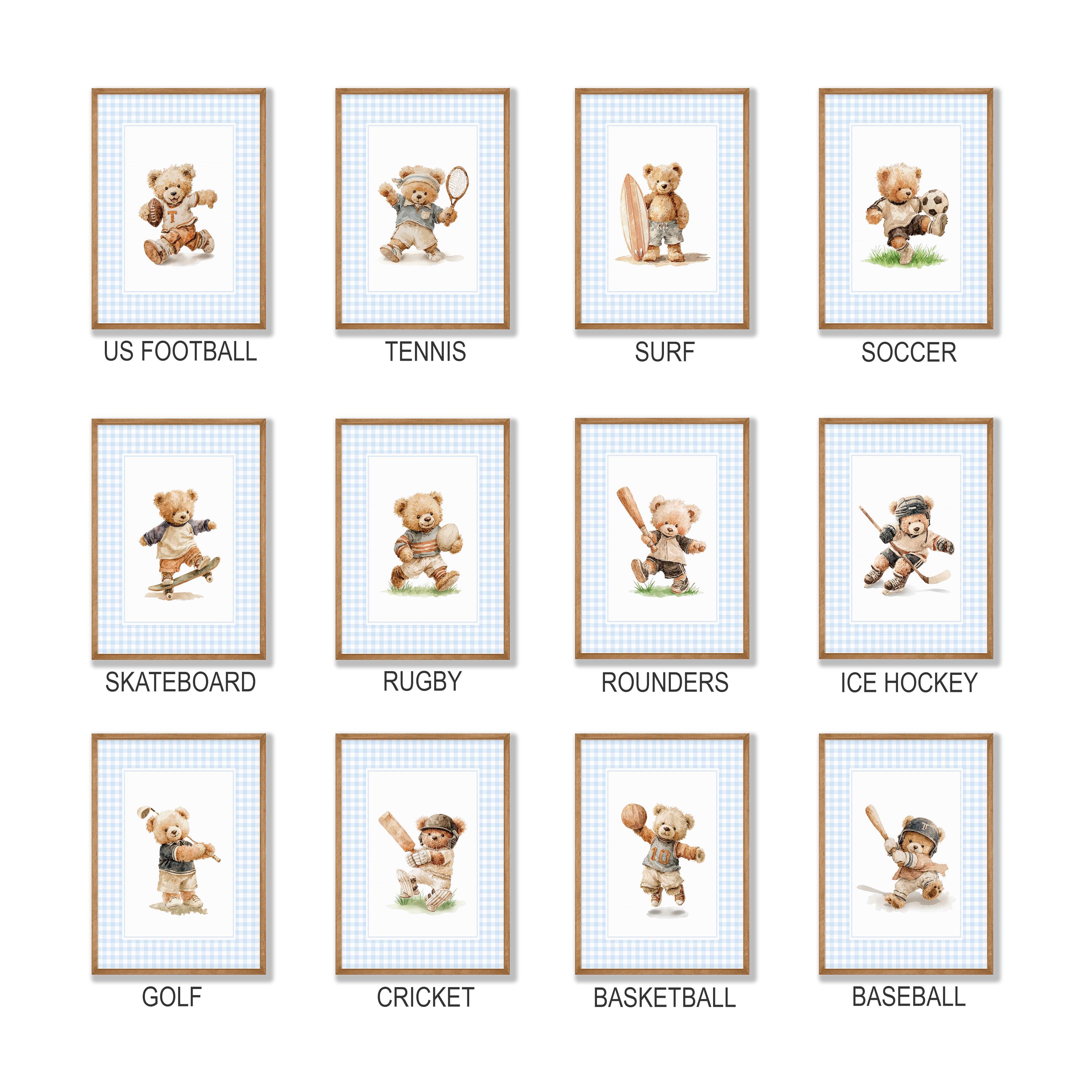 Vintage Teddy Bear Sports Print Set: Blue Gingham Nursery Art - Etsy
