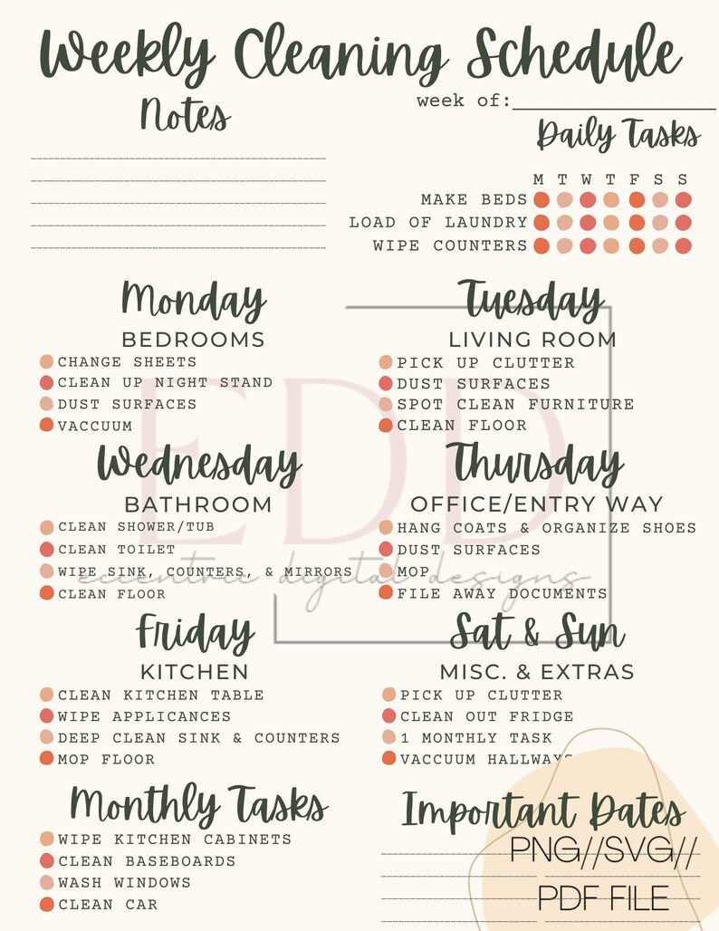 Printable Digital Cleaning Schedule Planner or Blank Cleaning Planner ...
