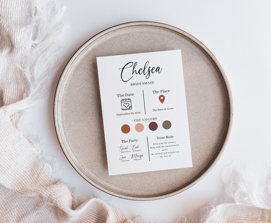 Bridesmaid Info Card Template Editable Bridal Party Info - Etsy