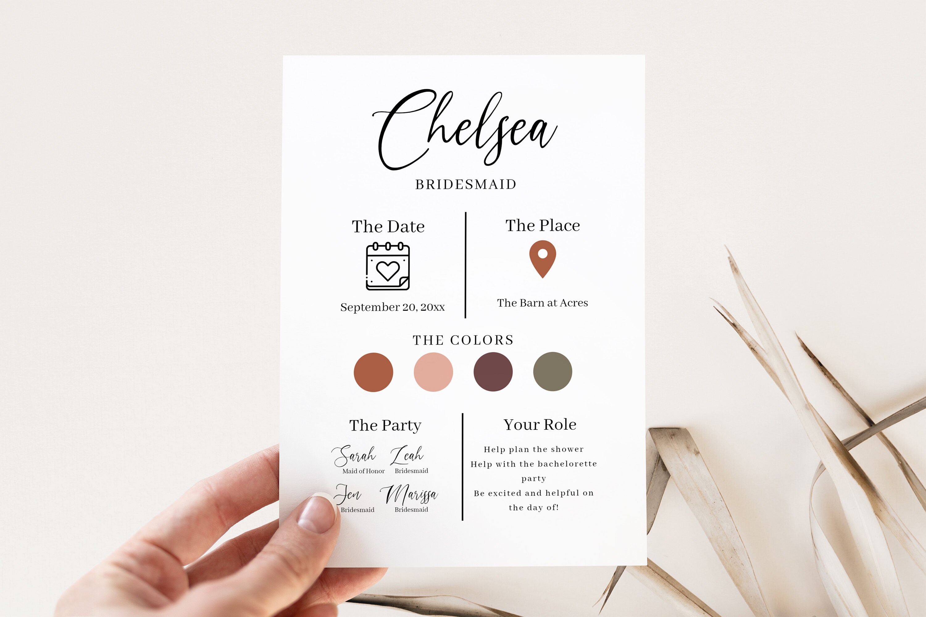 Bridesmaid Info Card Template Editable Bridal Party Info - Etsy