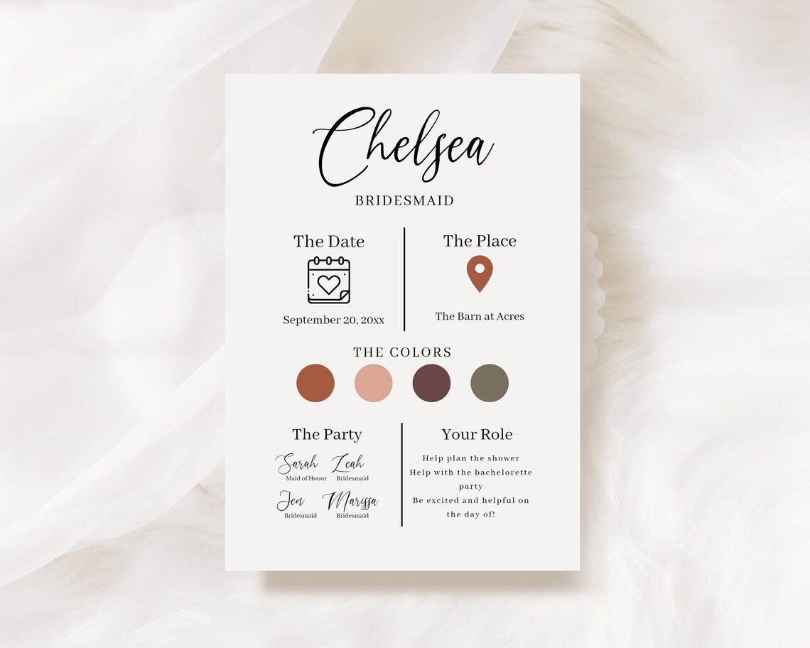 Bridesmaid Info Card Template Editable Bridal Party Info - Etsy