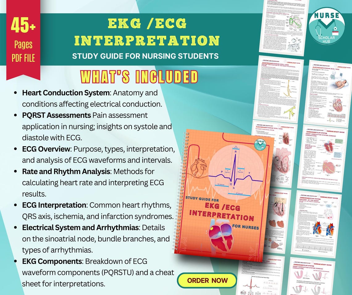 EKG ECG Interpretation Nursing Study Guide | Heart Rhythm Cheat Sheet ...