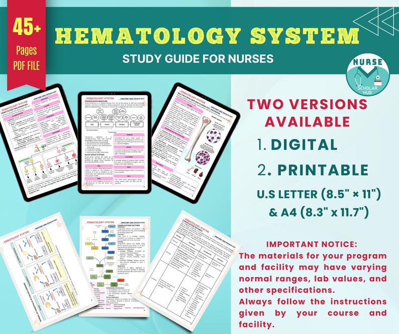 Hematology Nursing Notes Bundle | Blood Disorders, Anatomy & Physiology ...
