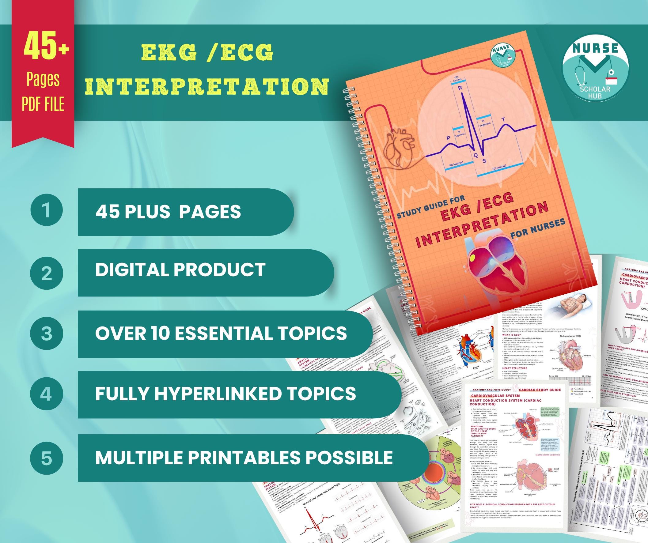 EKG ECG Interpretation Nursing Study Guide | Heart Rhythm & Arrhythmia Cheat Sheet | Cardiac ...