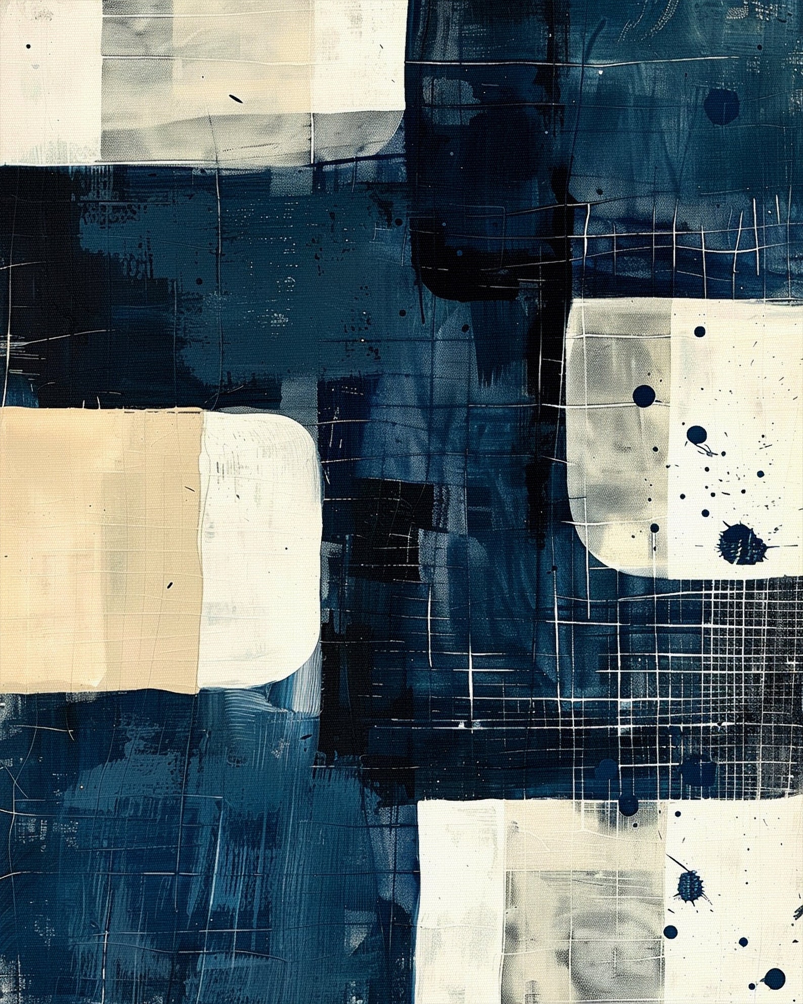 Navy Blue Geometric Shapes Fine Art Print, Acrylic Abstract Painting ...
