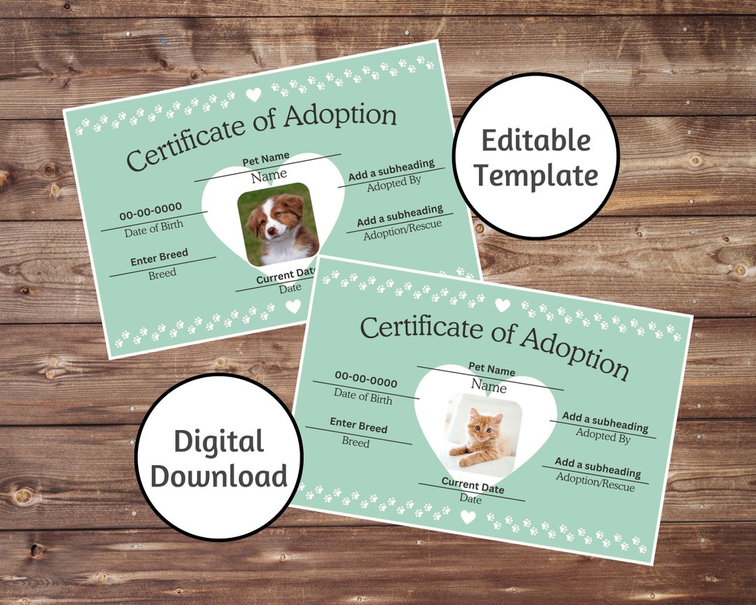 Pet Adoption Certificate Printable Custom Pet Adoption Certificate Pet ...