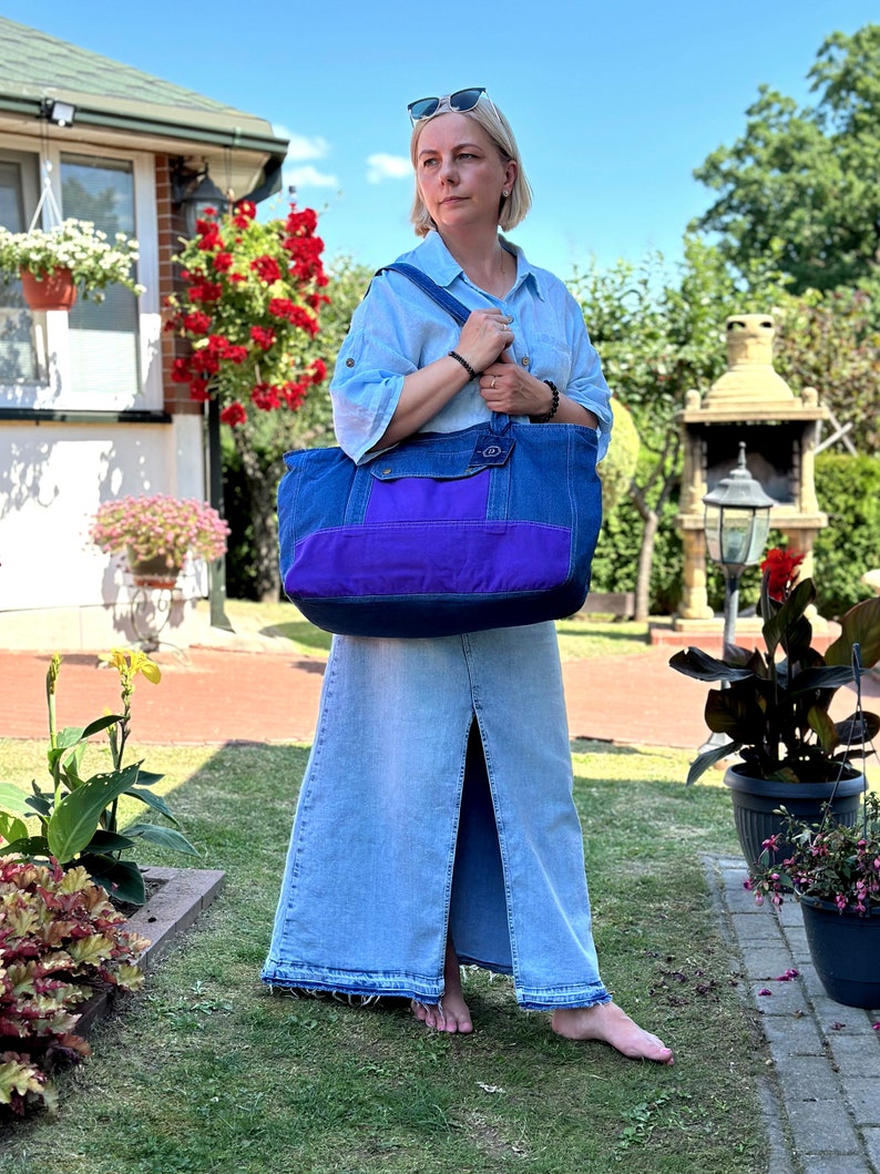 Large Jeans Family Beach Bag, Chic Denim Weekender Bag, Purple Bold Travel Bag, Cute Fabric ...