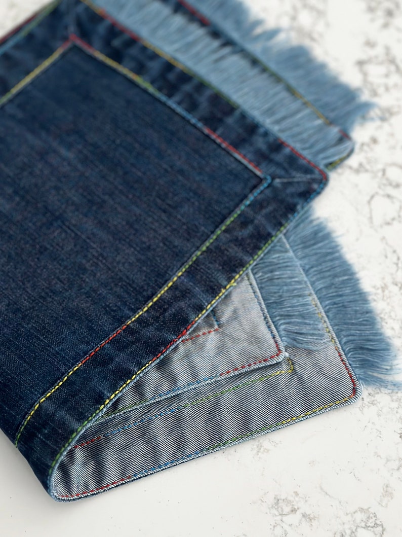 Handmade Boho Table Runners Set, Denim Placemats With Fringe, Colorful ...