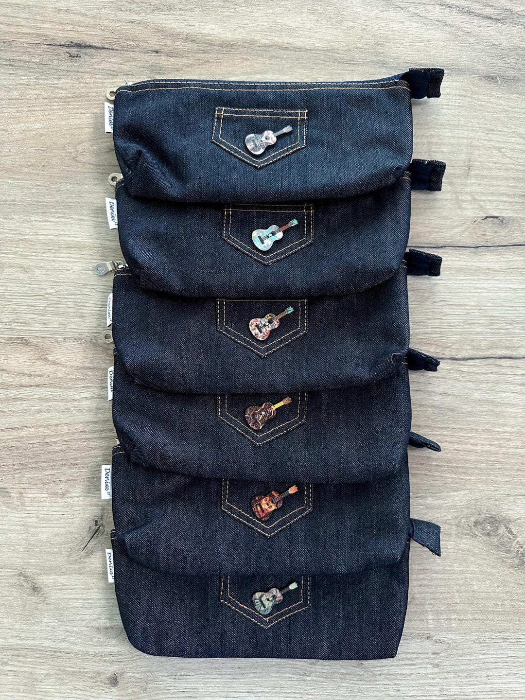 Denim Pencil Case With Cute Guitar Decoration, Small Organizer Pouch ...