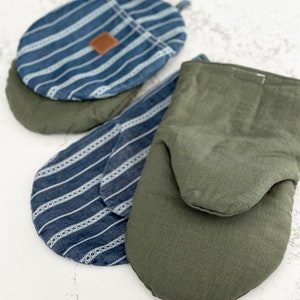 Kitchen Double Oven Mitts, Denim Linen Oven Gloves, Elegant Cooking ...
