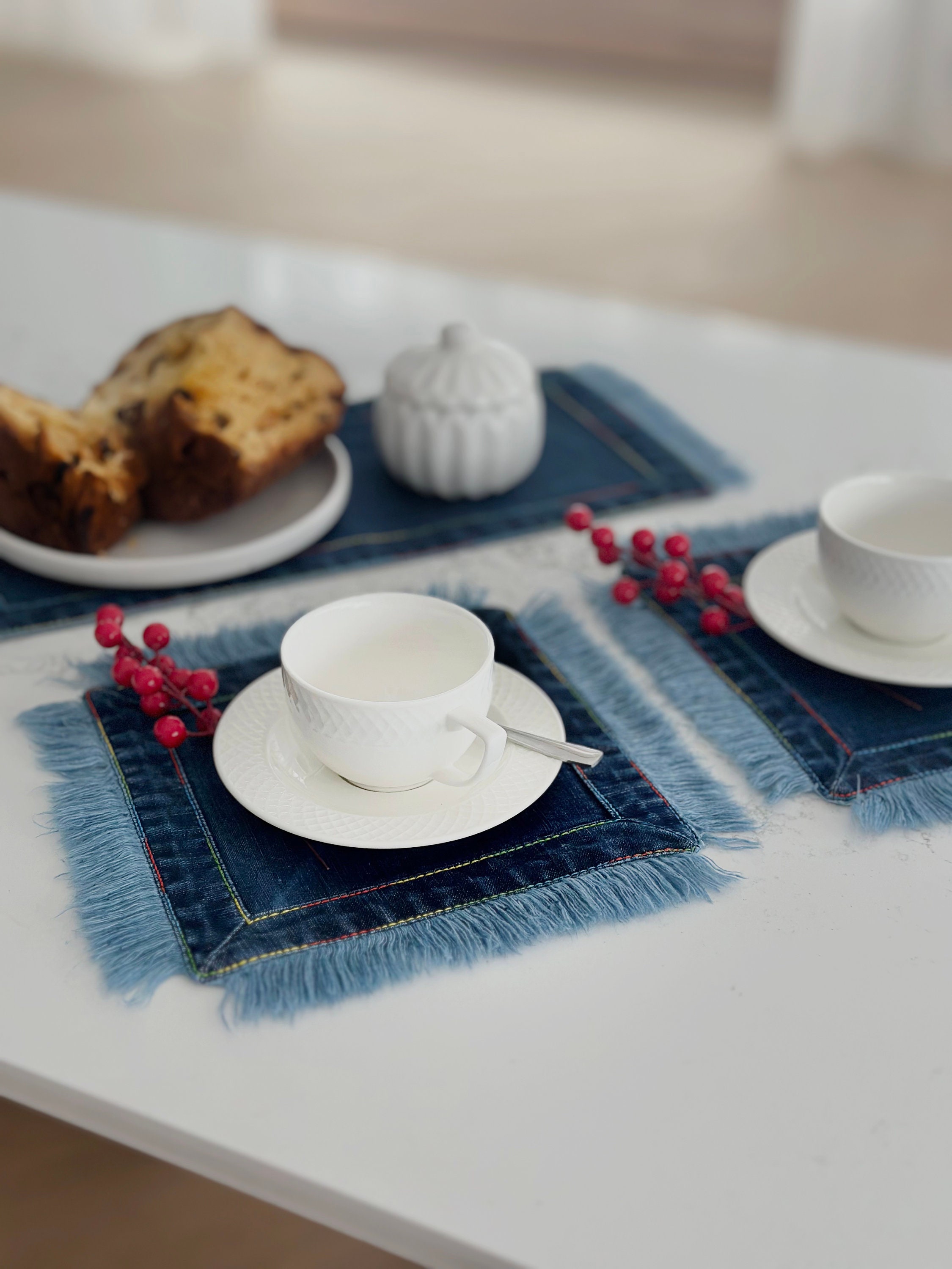 Boho Handmade Napkins Set, Denim Napkins With Fringes, Colorful Cotton ...