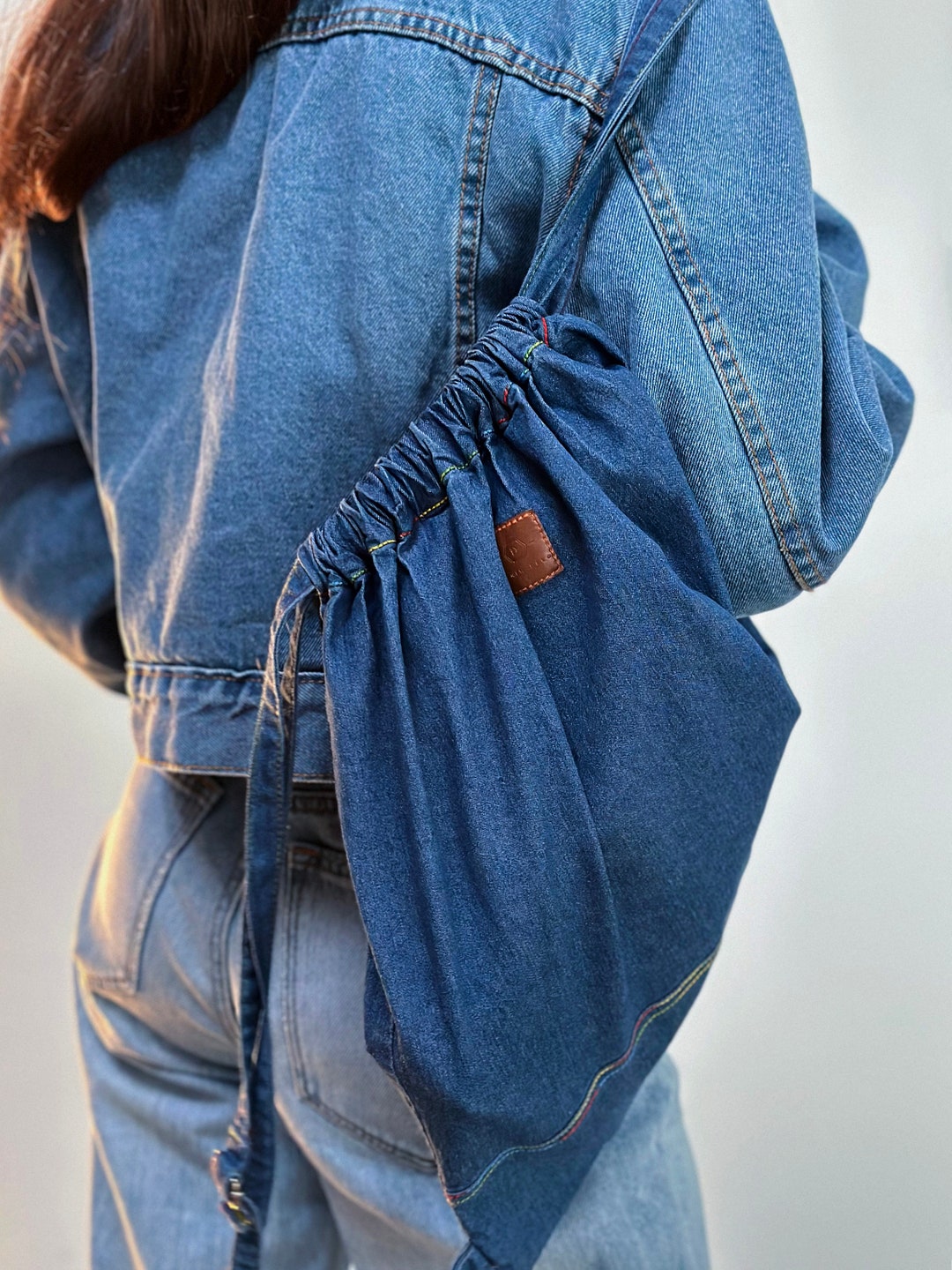 Mini Denim Drawstring Backpack: Rainbow Stitch Jeans Bag Strap - Etsy UK